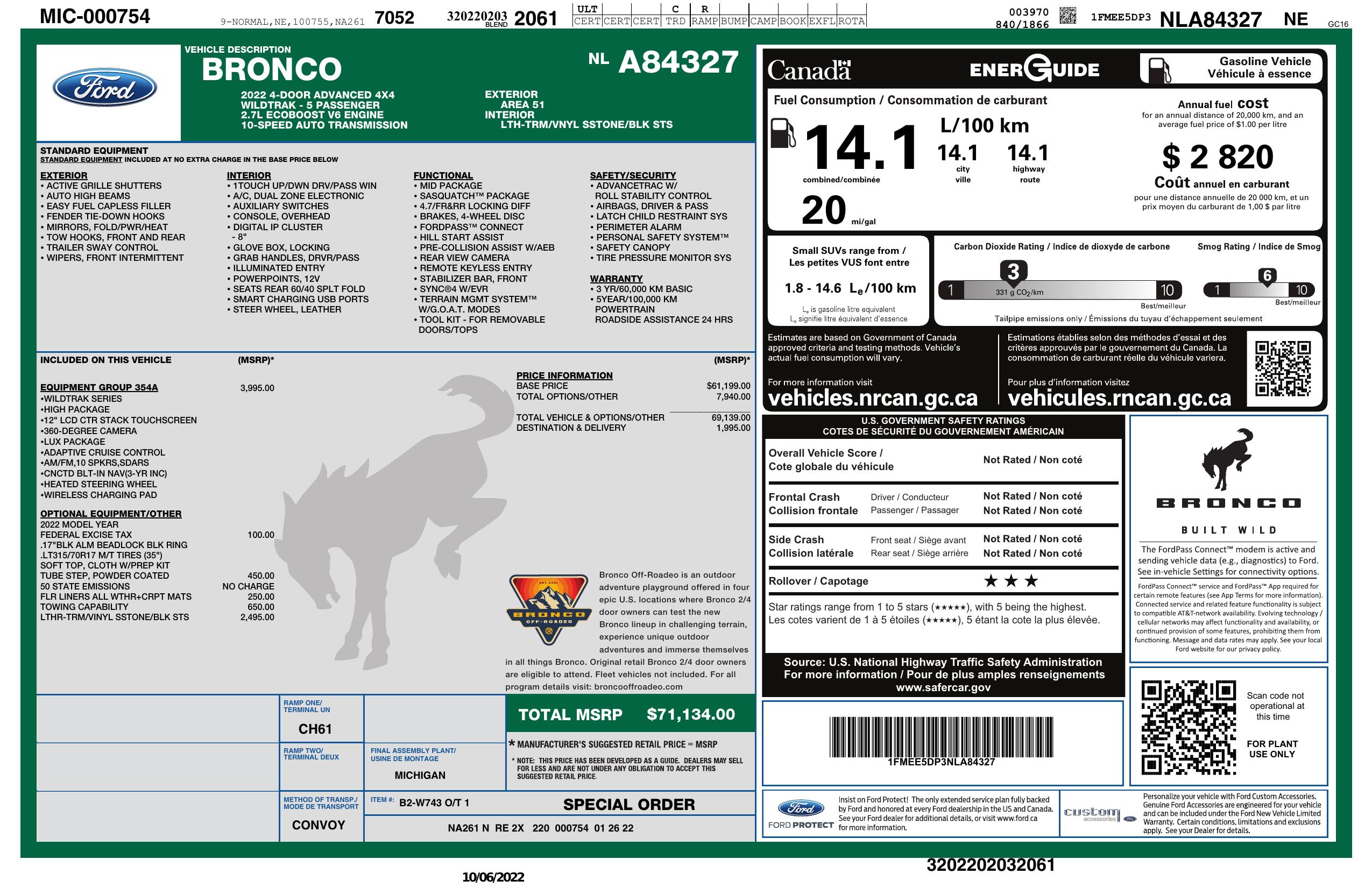 Window Sticker for 2022 Ford Bronco 4 Door Advanced 4x4
