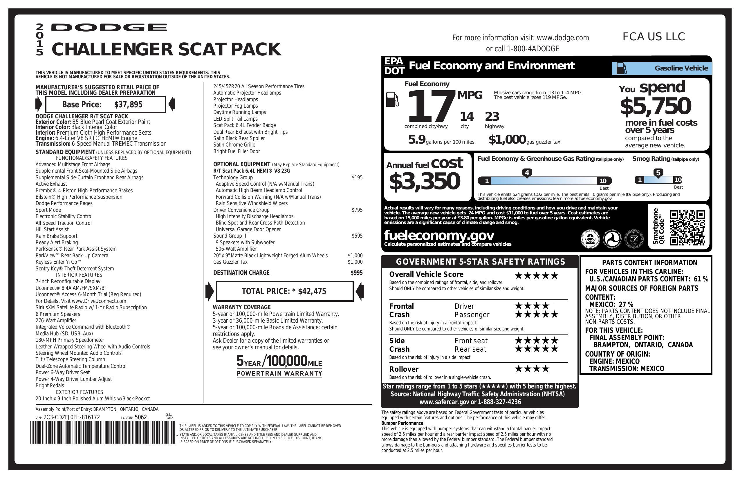 Window Sticker for 2015 Dodge Challenger 2dr Cpe R/T Scat Pack