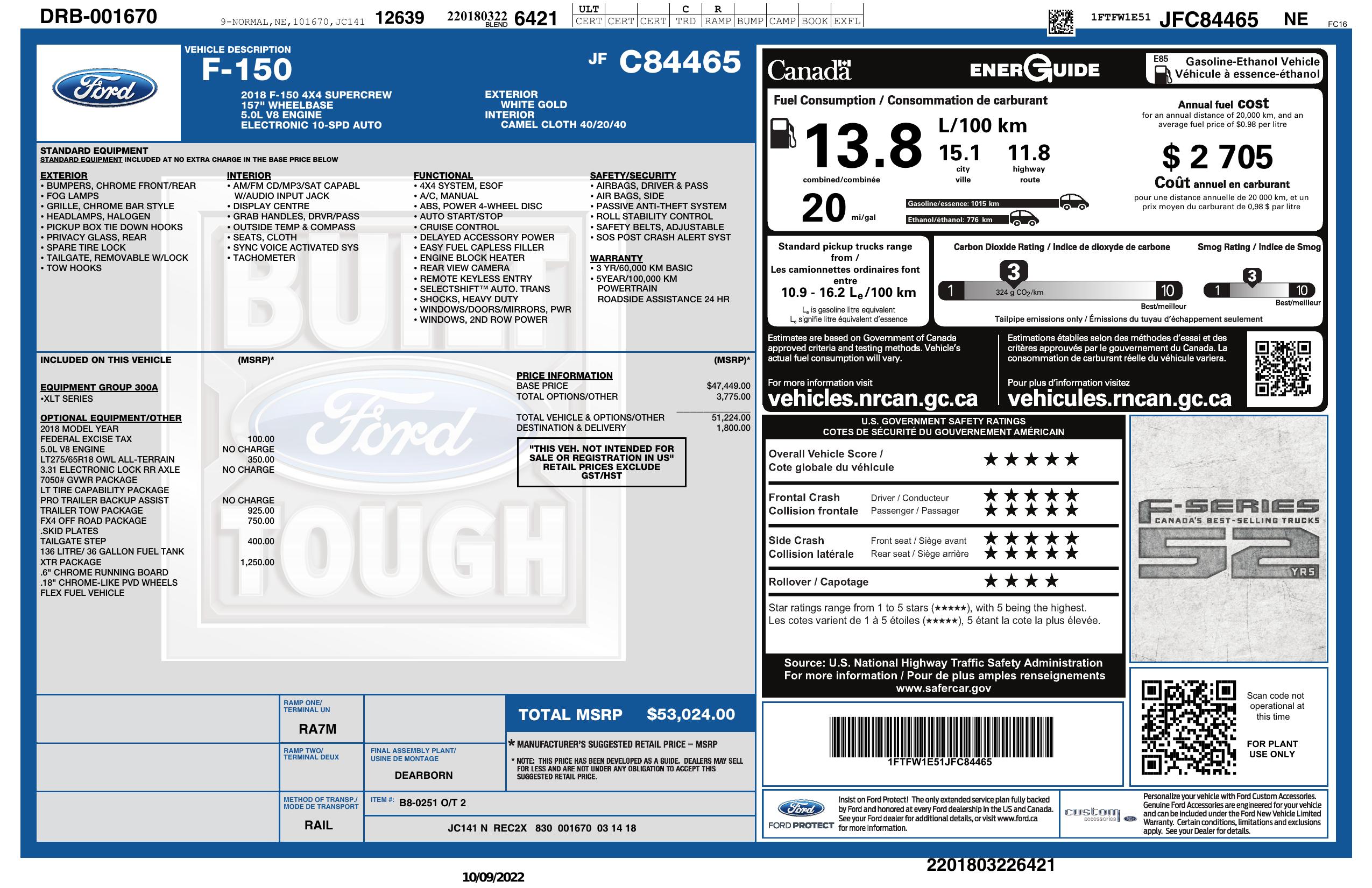 Window Sticker for 2018 Ford F 150 4 Wd Super Crew Box