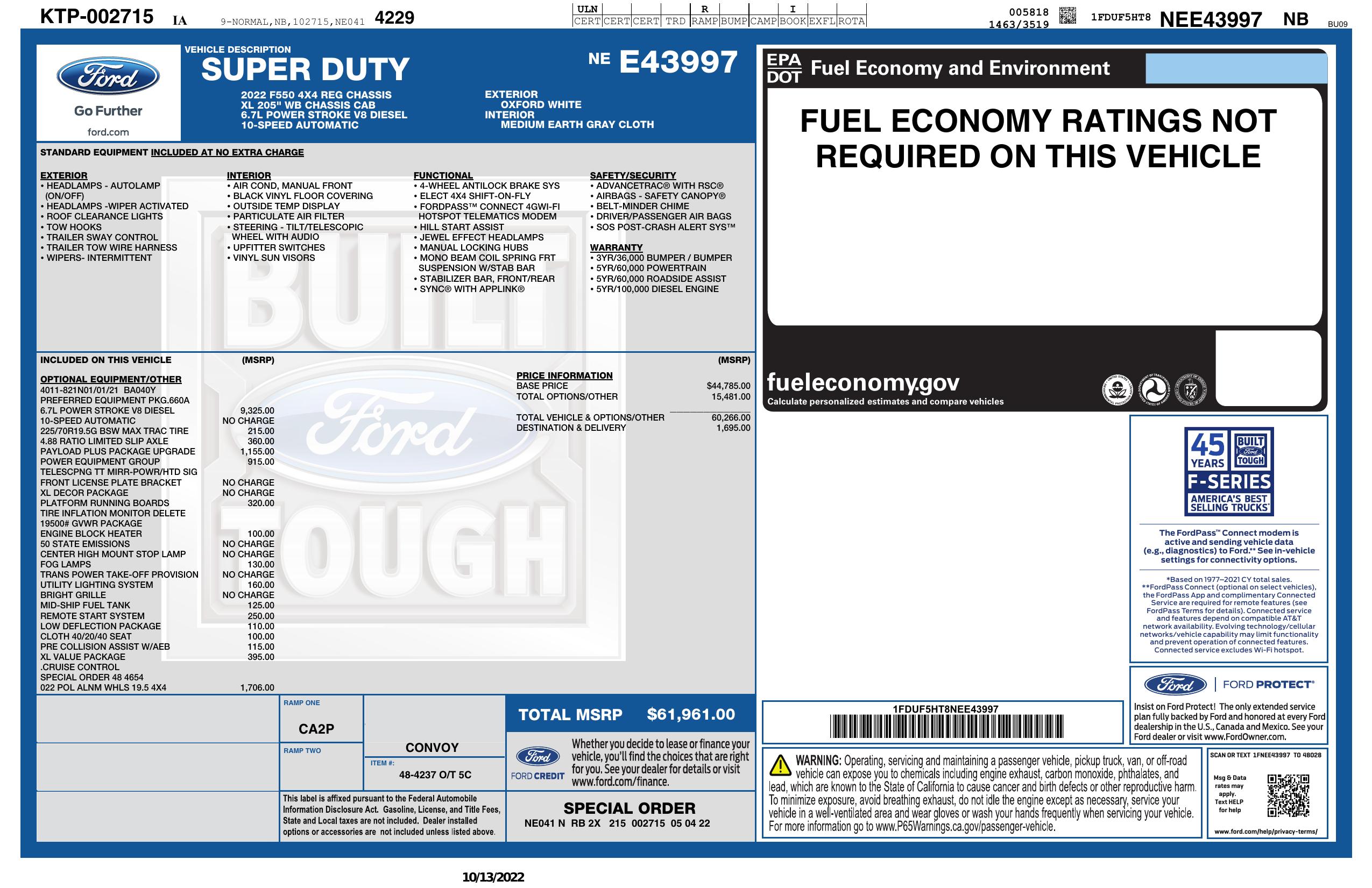 Window Sticker for 2022 Ford Super Duty F 550 Drw 4 Wd Reg Cab Wb Ca