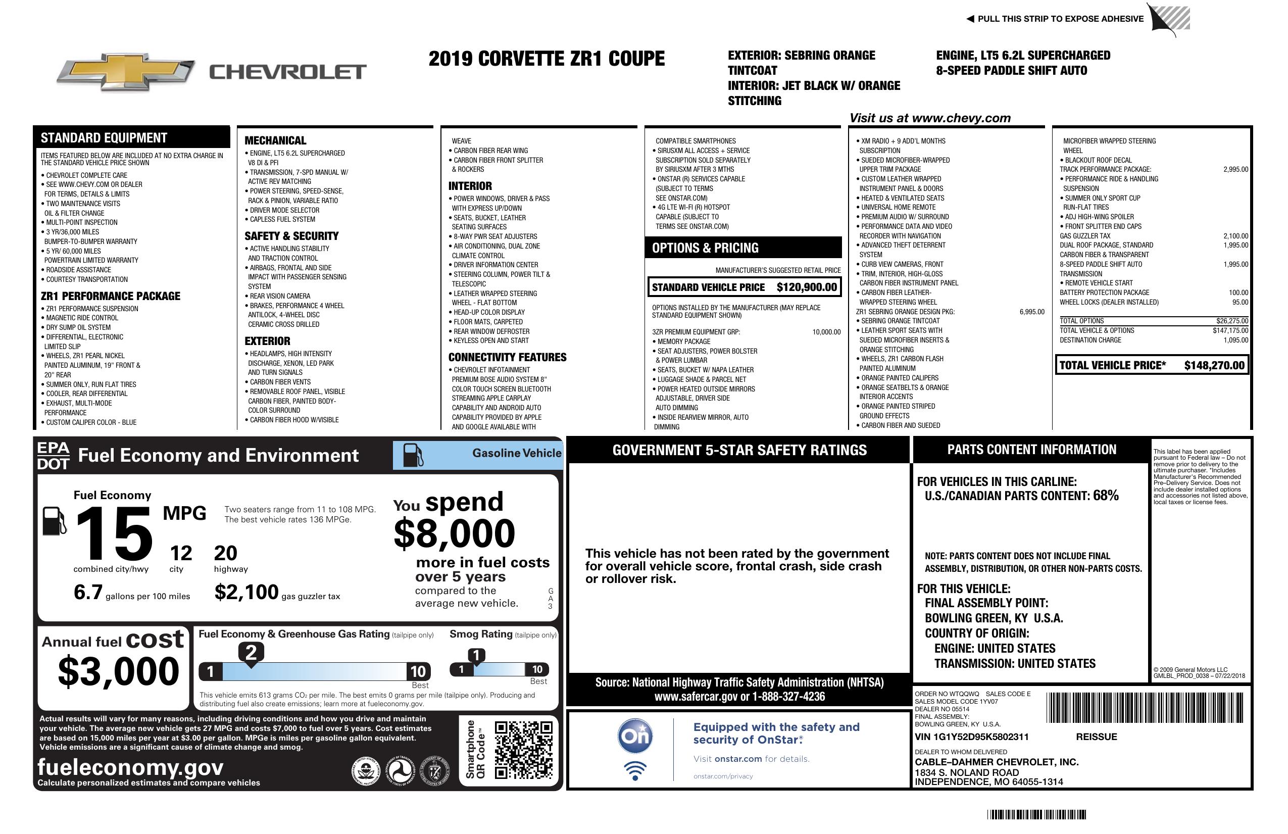 Window Sticker for 2019 Chevrolet Corvette 2dr Zr1 Cpe W/3 Zr