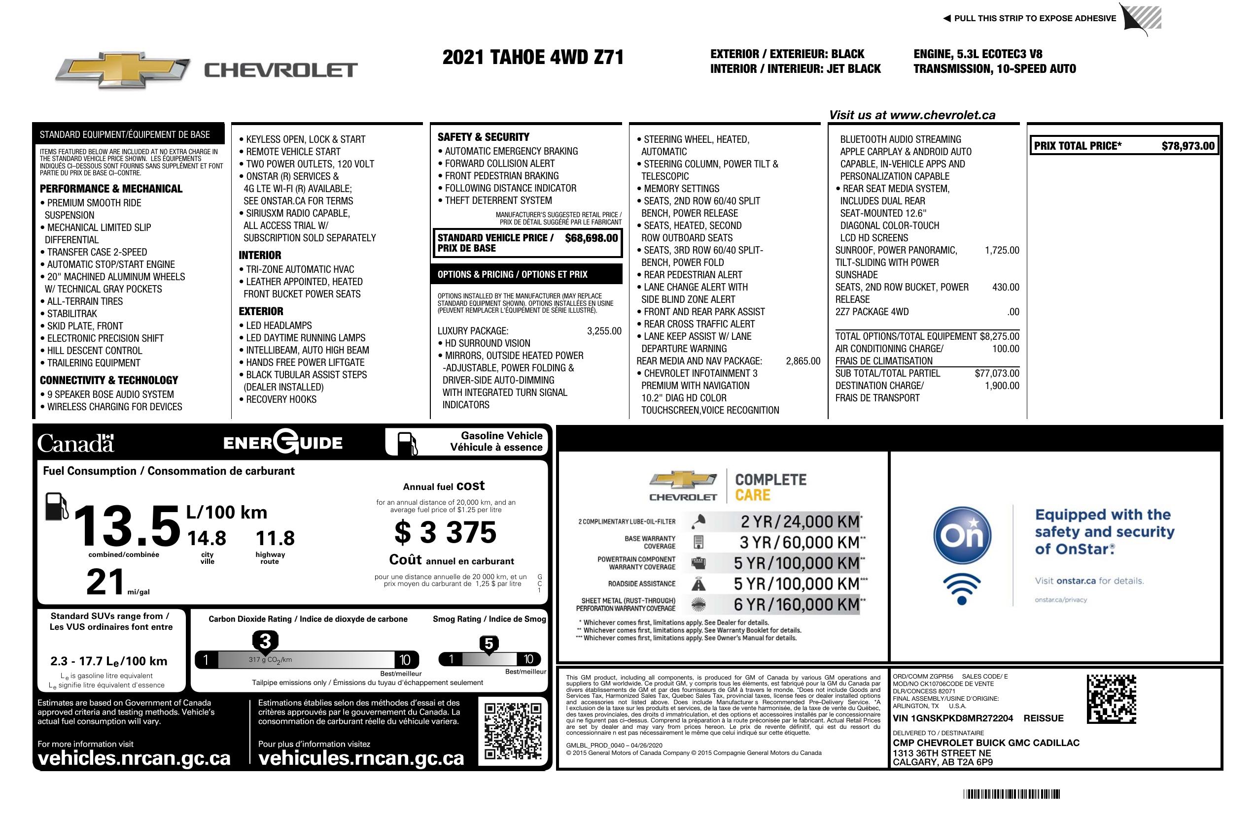 Window Sticker for 2021 Chevrolet Tahoe 4 Wd 4dr Z71