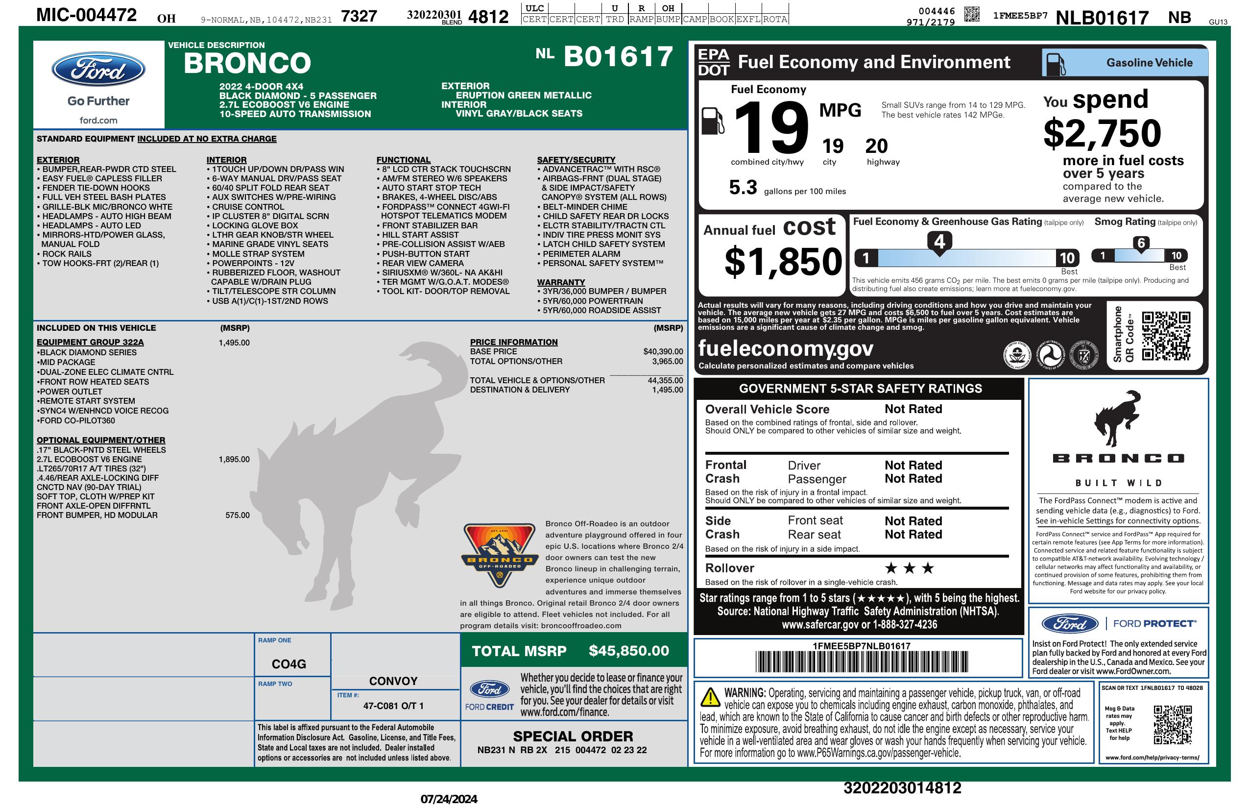 Window Sticker for 2022 Ford Bronco Bronco