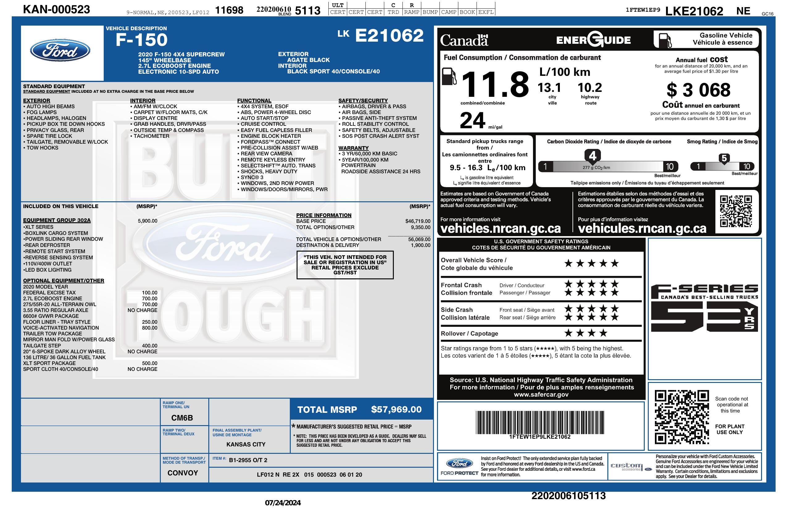 Window Sticker for 2020 Ford F 150 Xlt