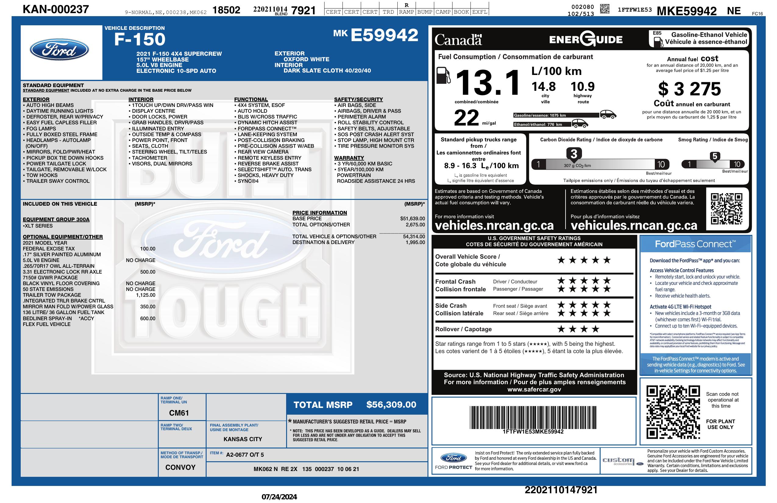 Window Sticker for 2021 Ford F 150 Xlt