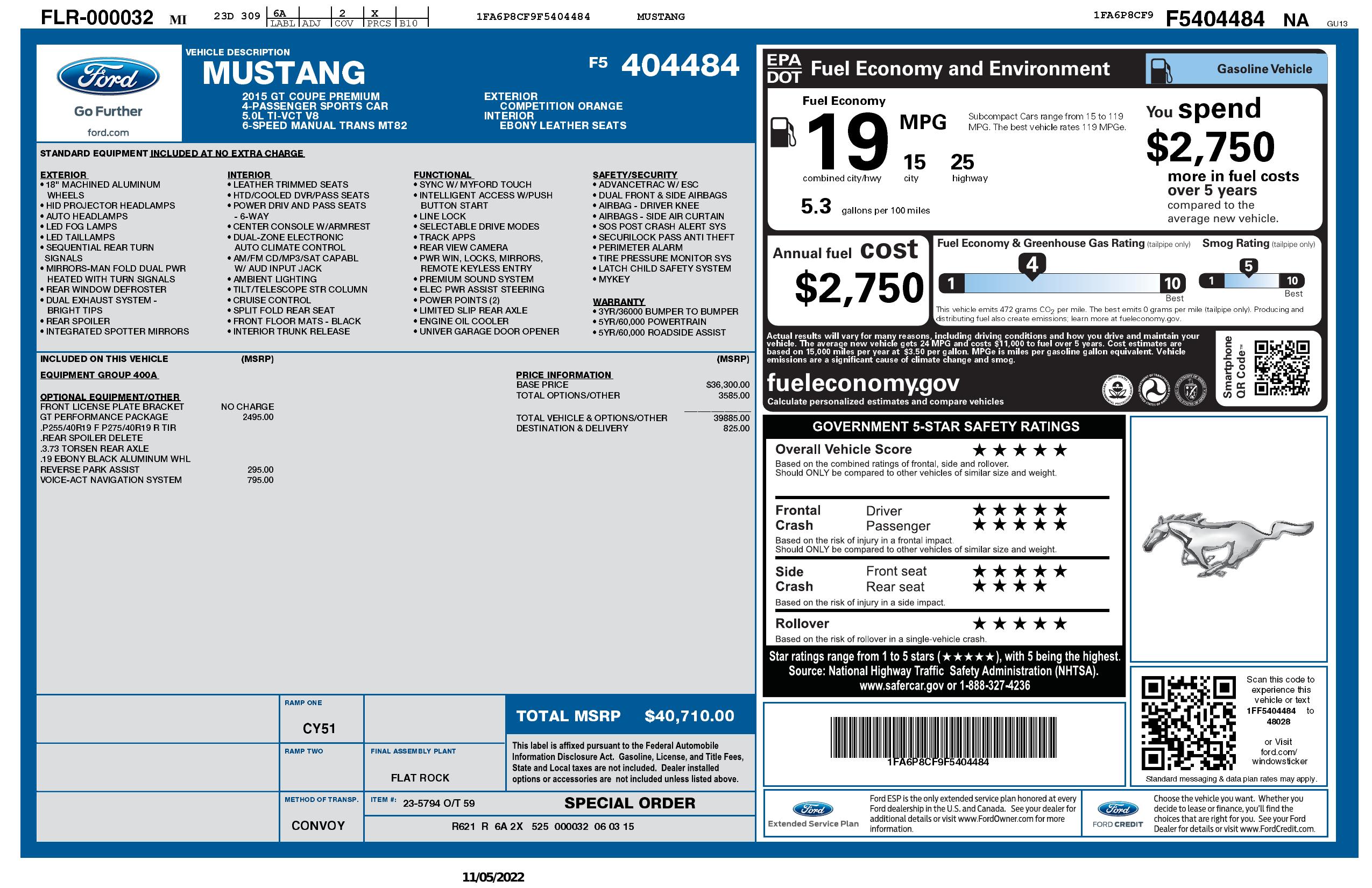 Window Sticker for 2015 Ford Mustang 2dr Fastback Gt