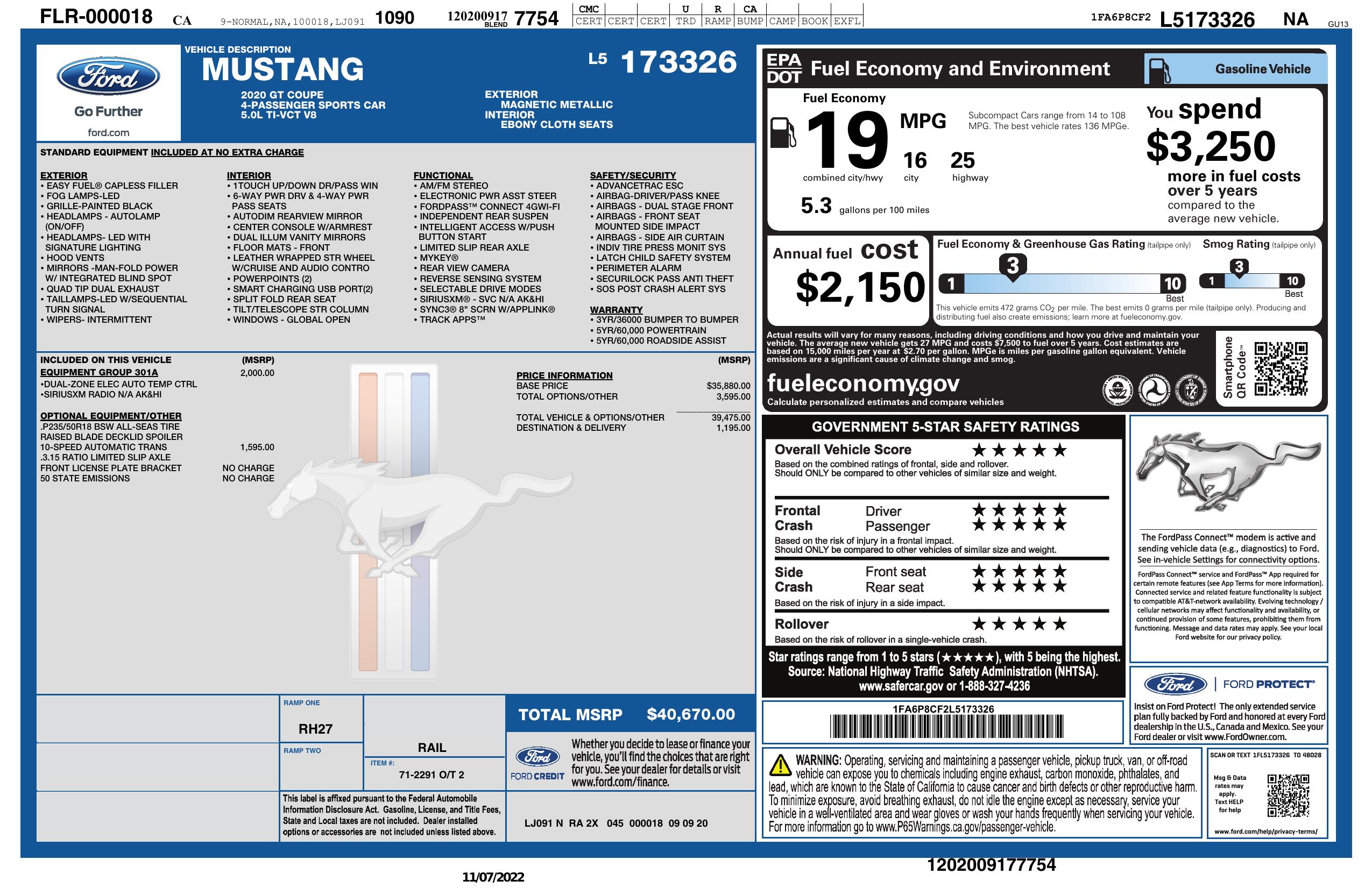 Window Sticker for 2020 Ford Mustang Gt Fastback