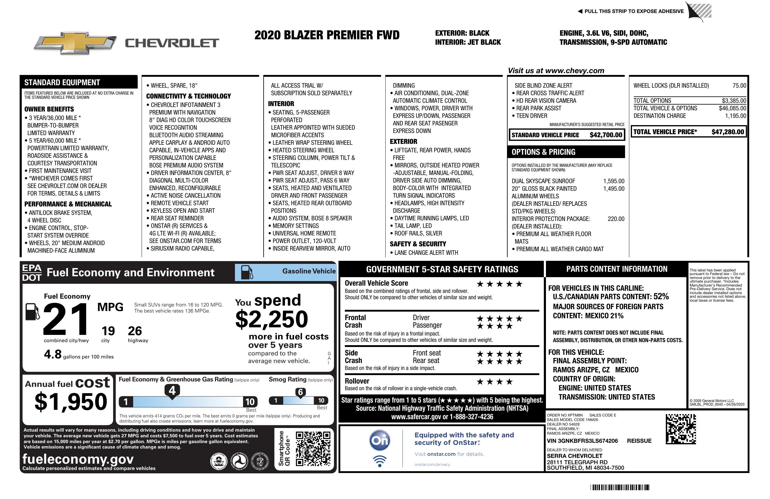 Window Sticker for 2020 Chevrolet Blazer Premier
