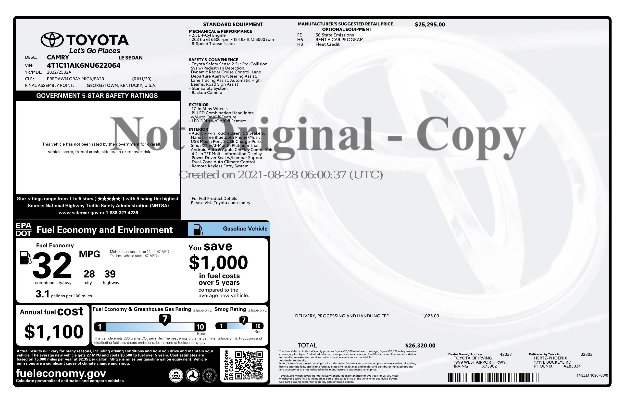 Window Sticker for 2022 Toyota Camry Le Auto (Natl)