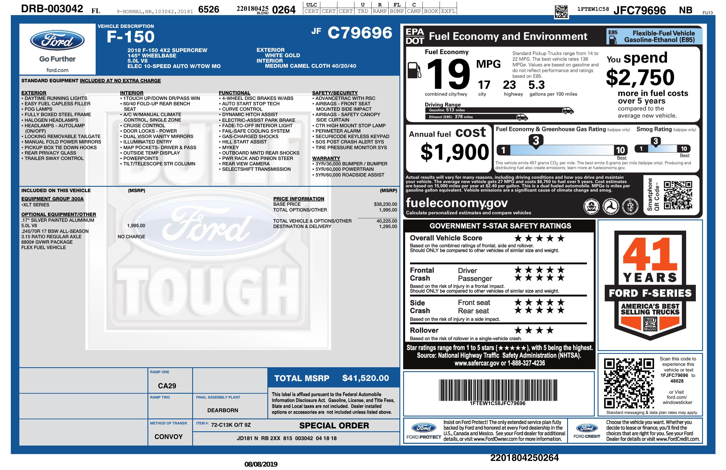 Window Sticker for 2018 Ford F 150 Xlt V8