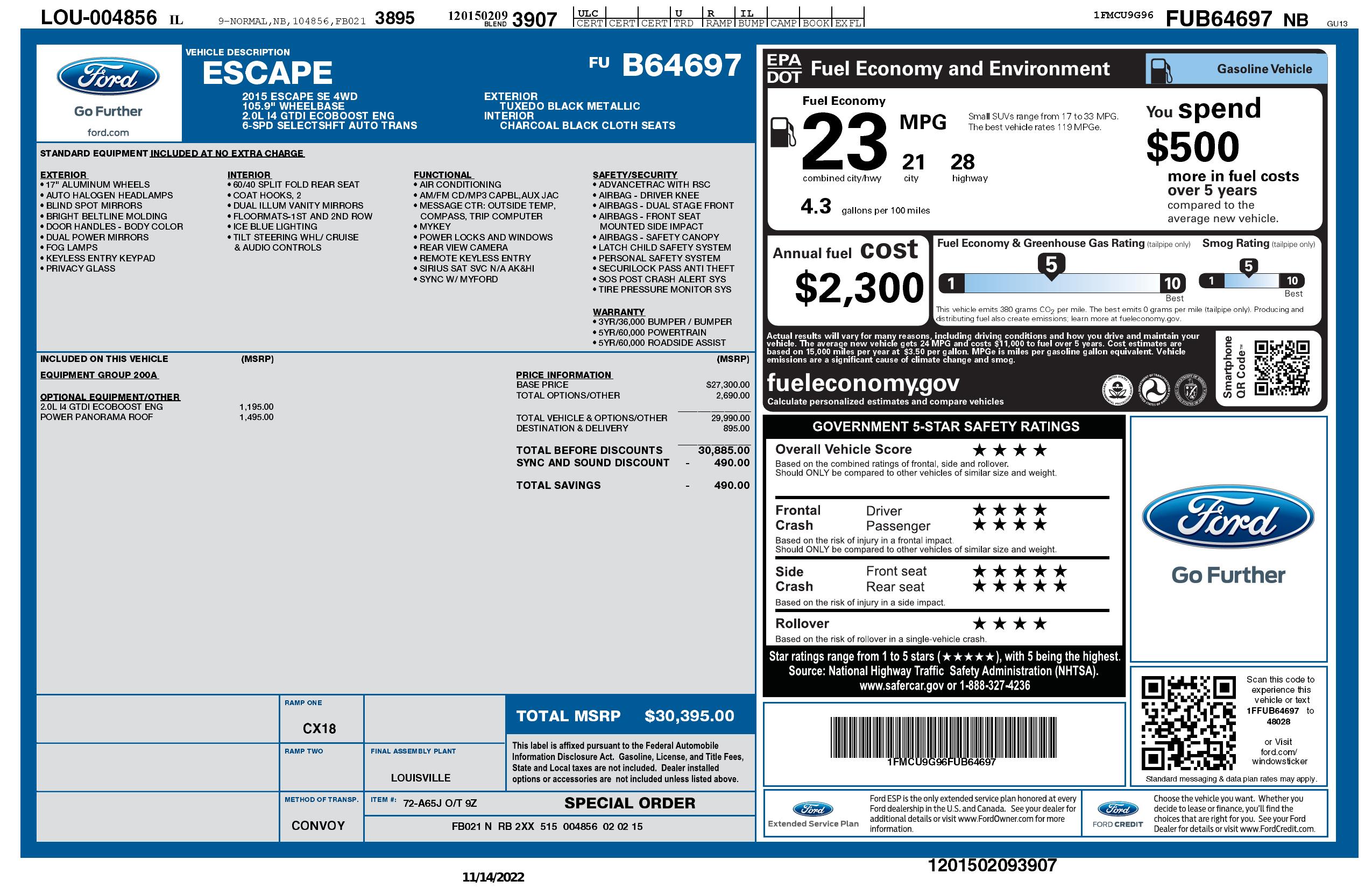 Window Sticker for 2015 Ford Escape 4 Wd 4dr Se
