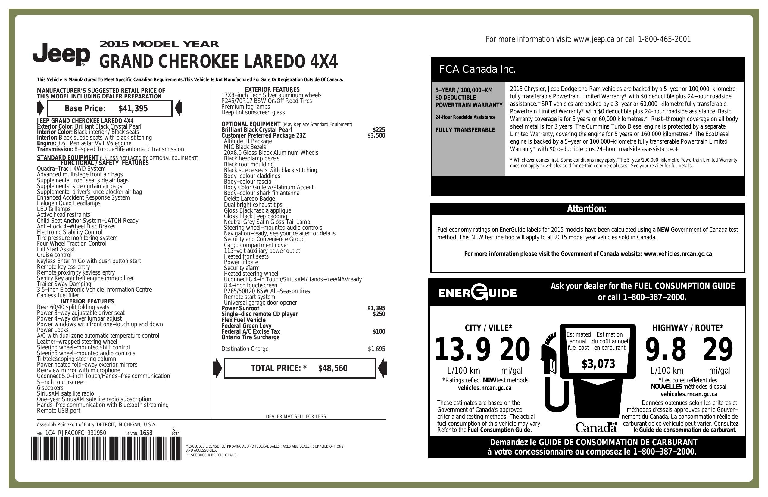 Window Sticker for 2015 Jeep Grand Cherokee 4 Wd 4dr Laredo