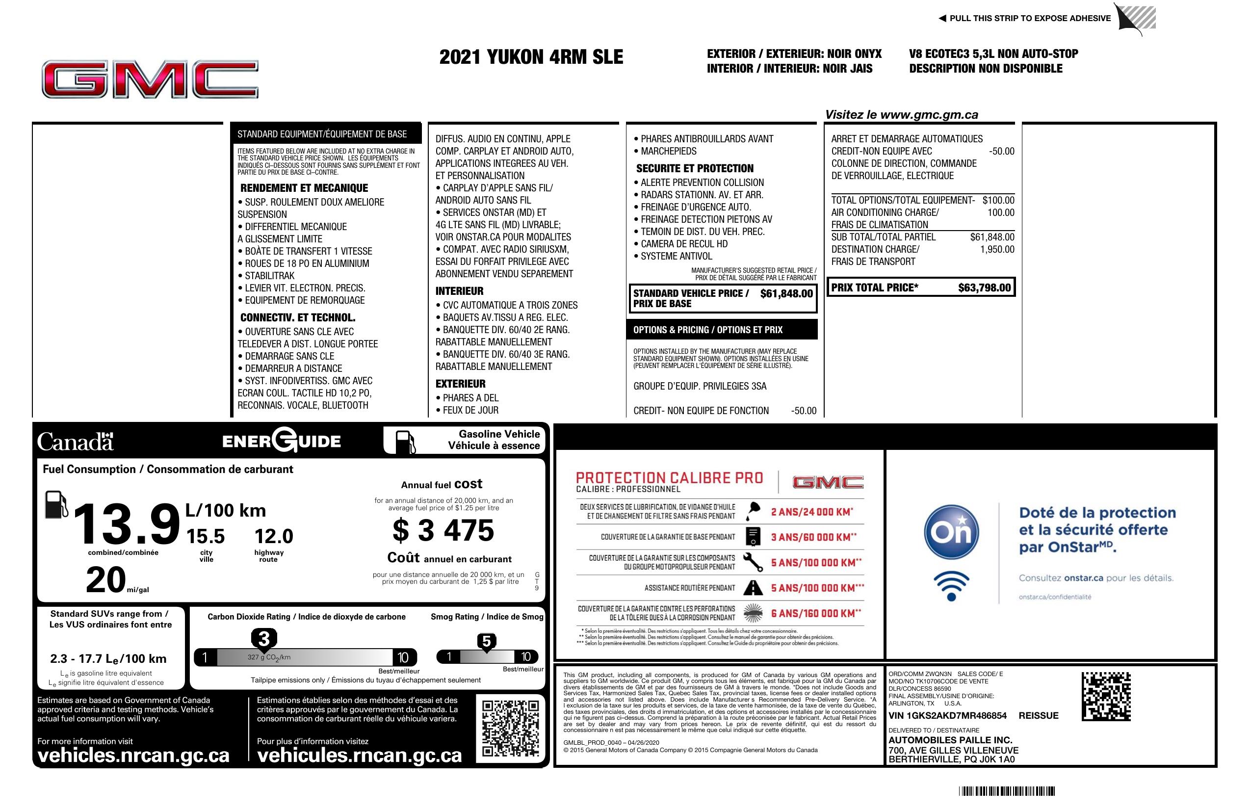 Window Sticker for 2021 GMC Yukon 4 Wd 4dr Sle