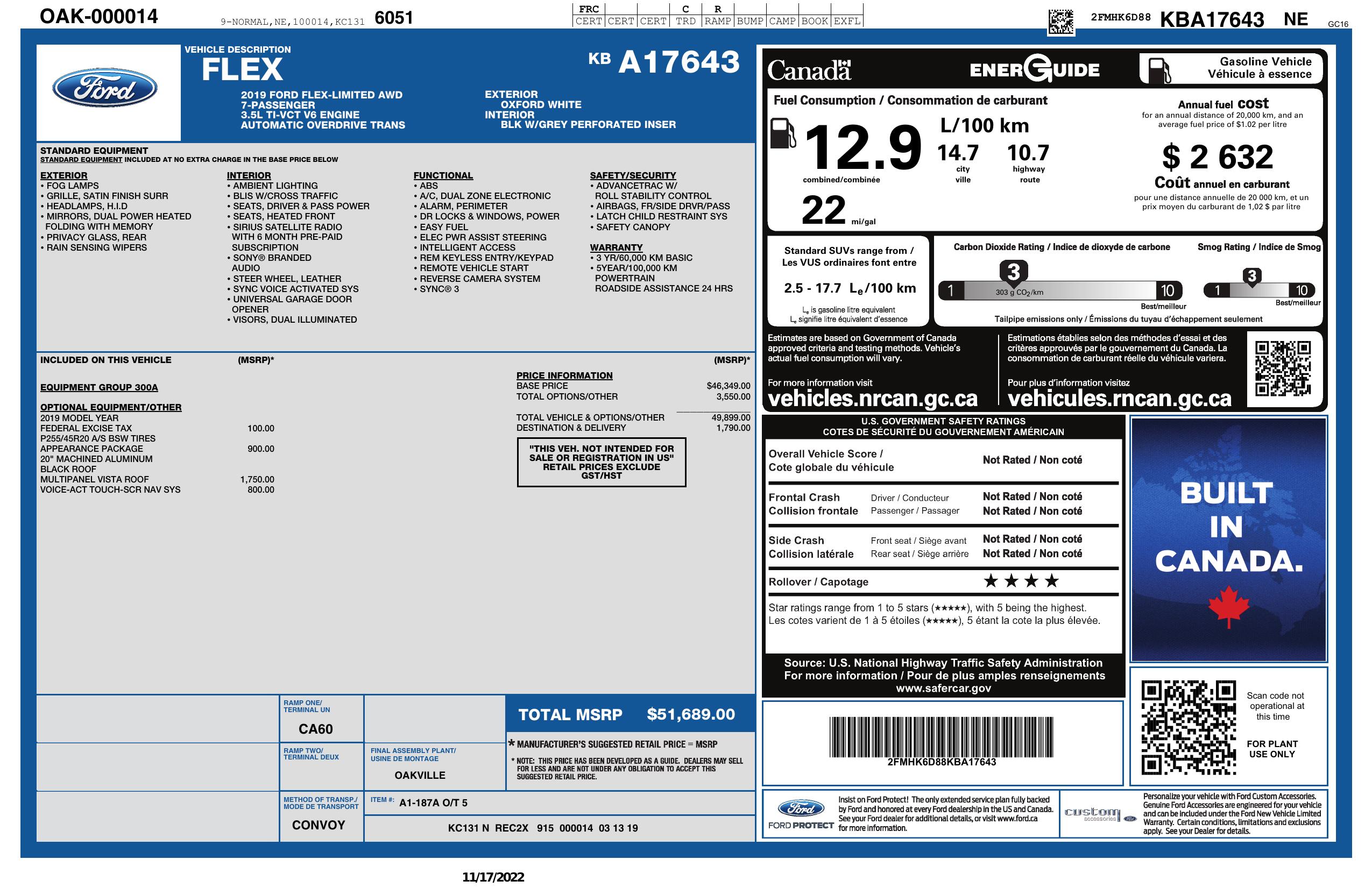 Window Sticker for 2019 Ford Flex Limited Awd