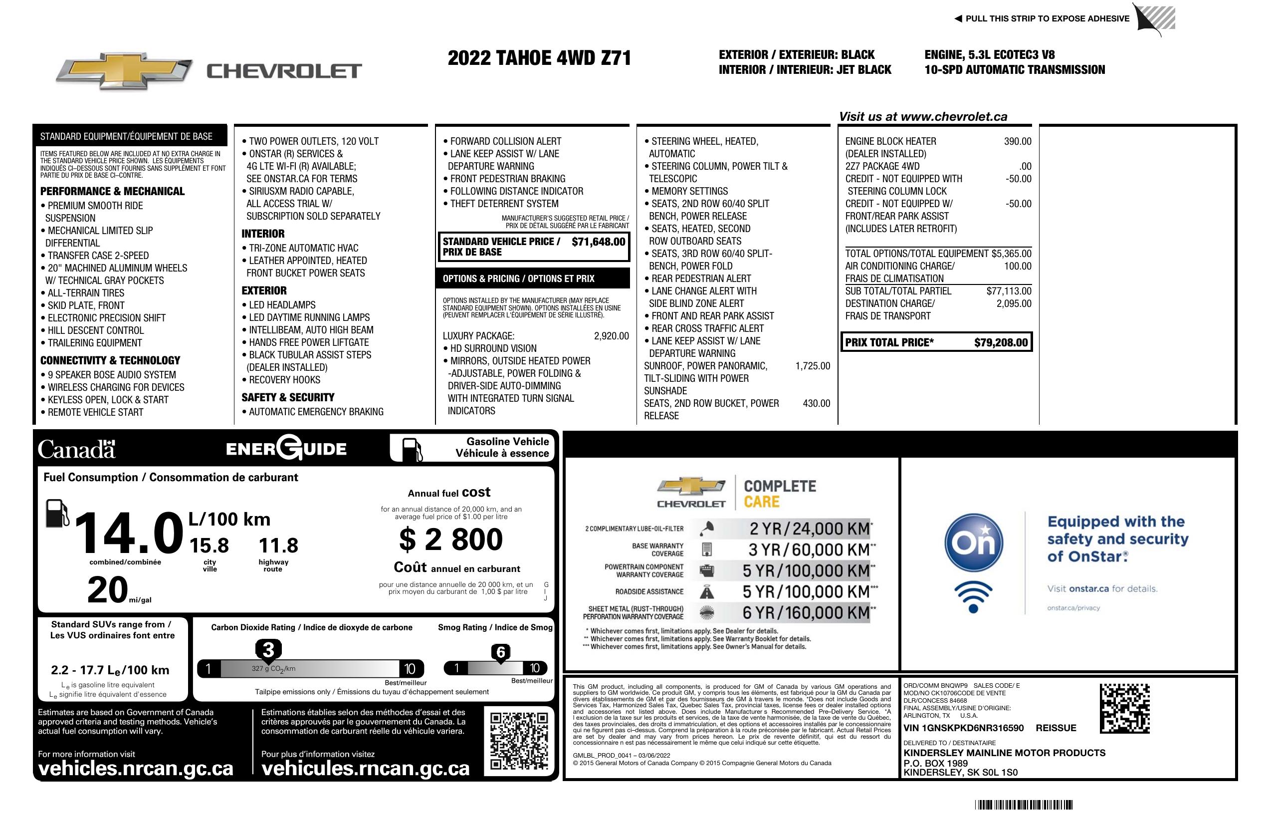 Window Sticker for 2022 Chevrolet Tahoe 4 Wd 4dr Z71