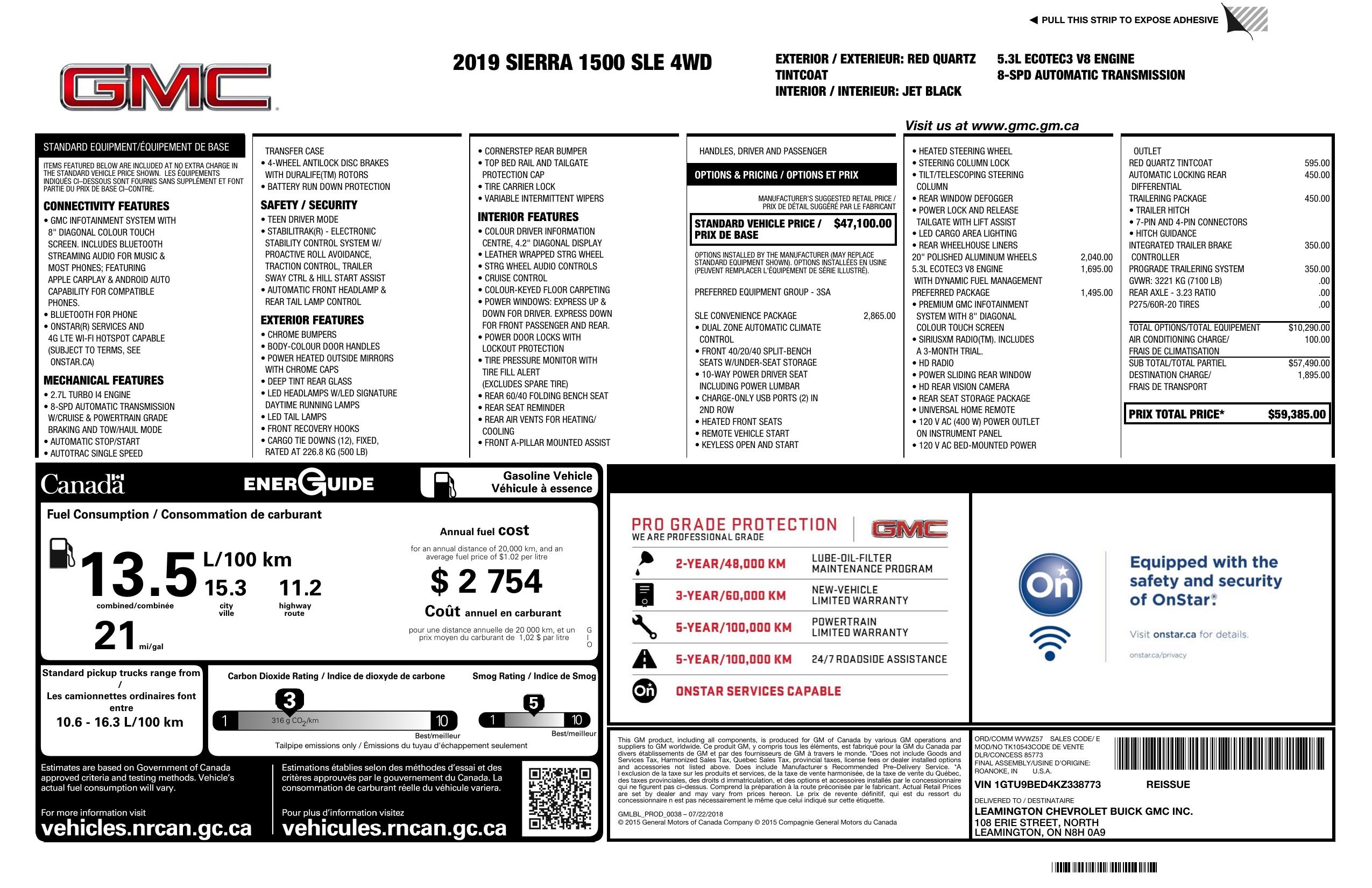 Window Sticker for 2019 GMC Sierra 1500 4 Wd Crew Cab Sle