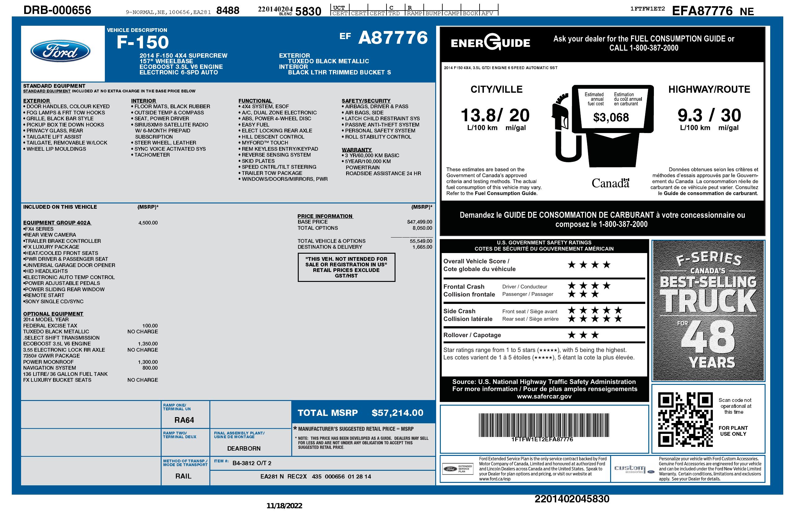 Window Sticker for 2014 Ford F 150 4 Wd Super Crew
