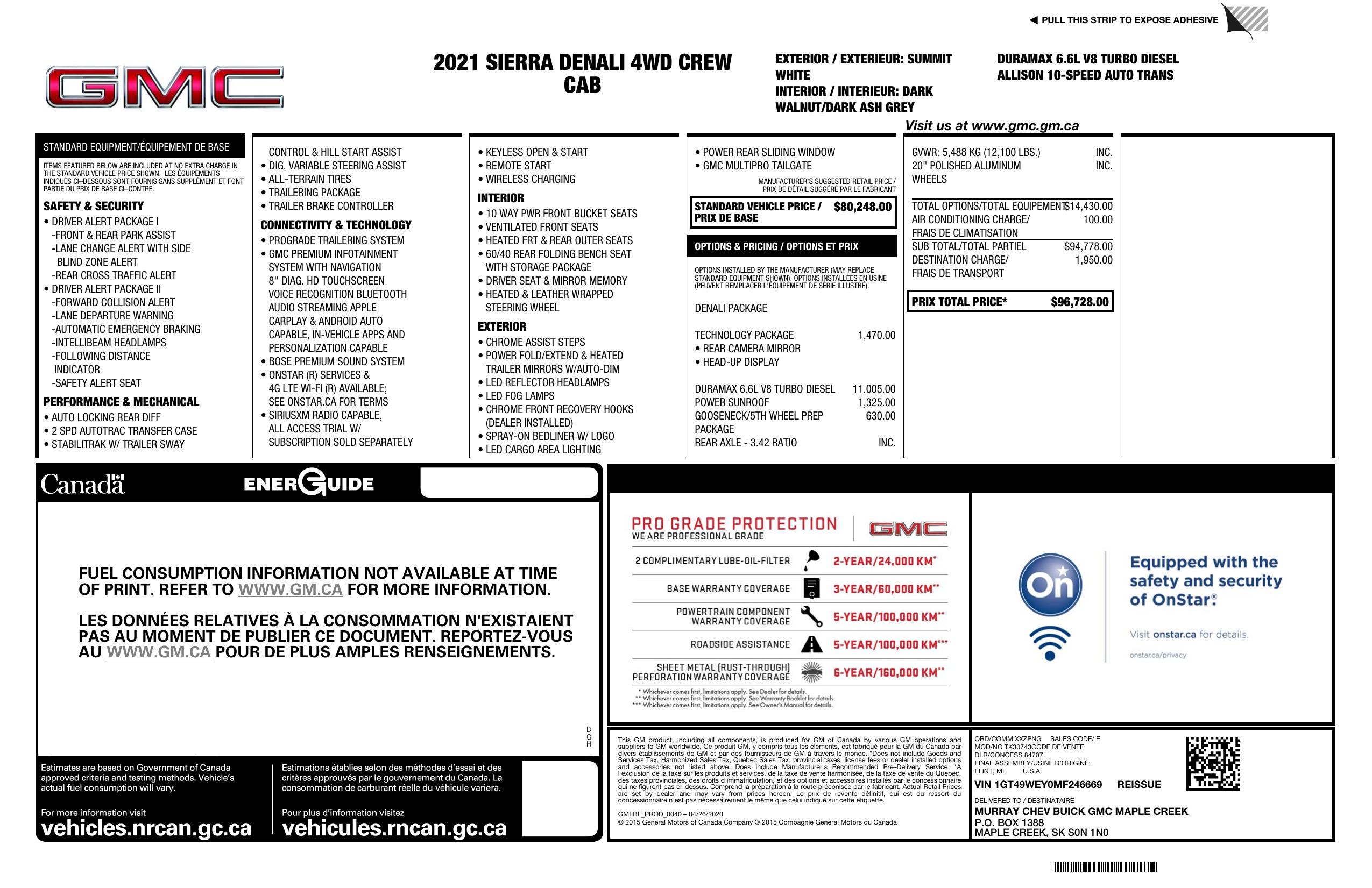 Window Sticker for 2021 GMC Sierra 3500 Hd 4 Wd Crew Cab Denali