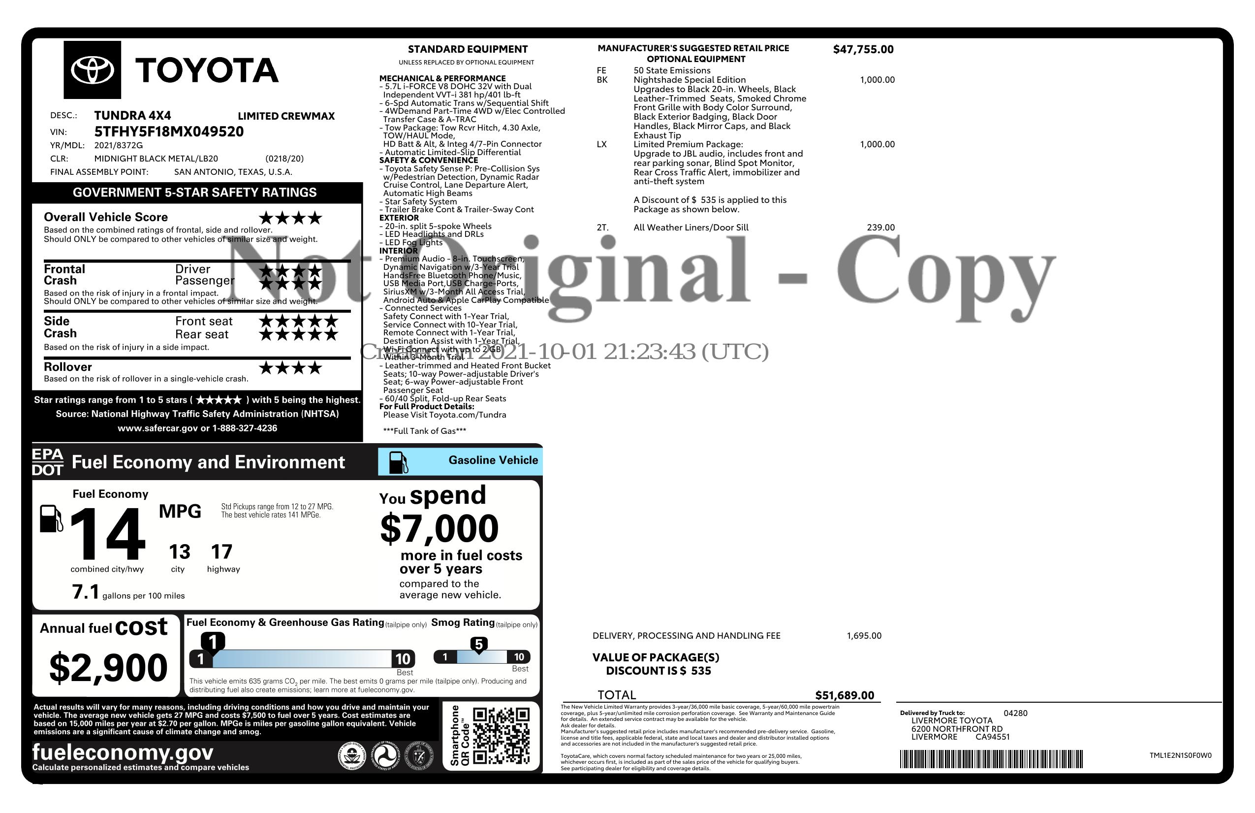 Window Sticker for 2021 Toyota Tundra 4 Wd Limited Crew Max 5.5' Bed 5. ...