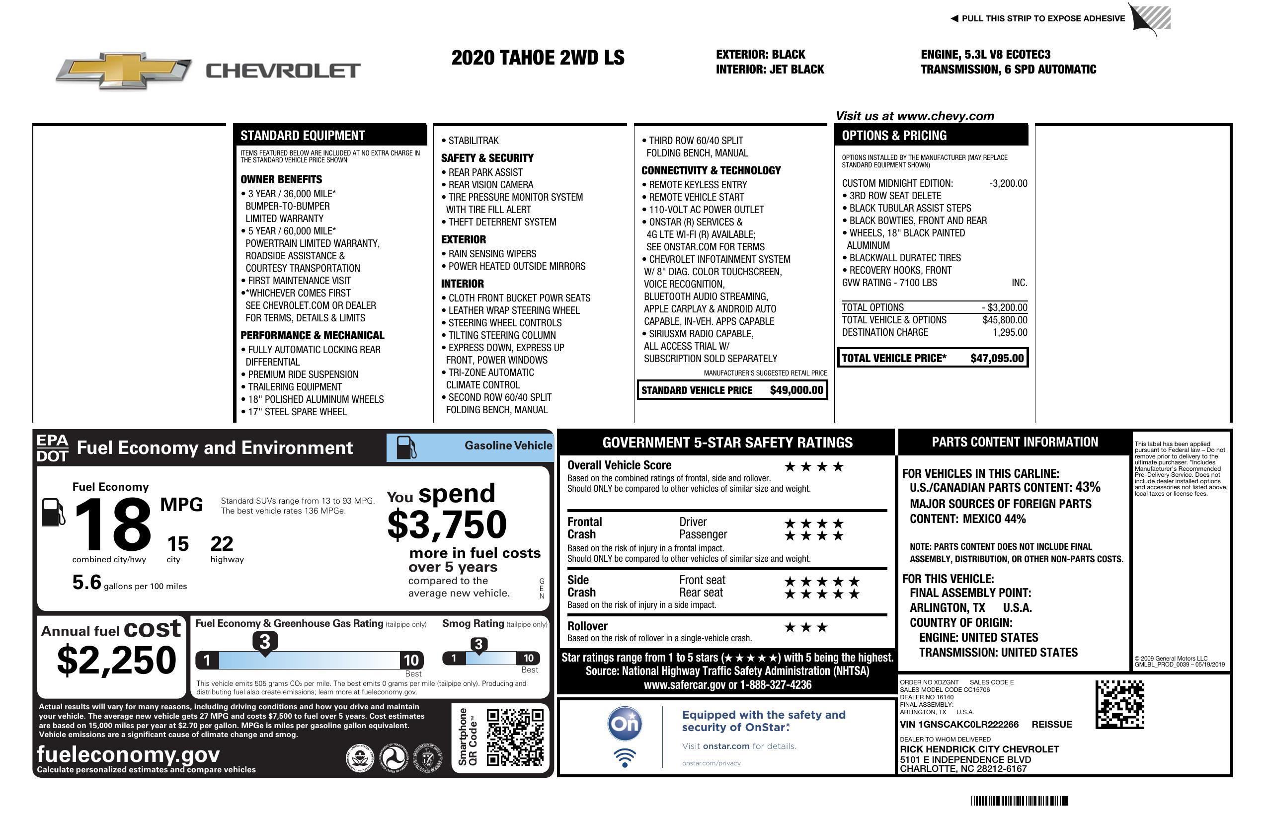Window Sticker for 2020 Chevrolet Tahoe 2 Wd 4dr Ls