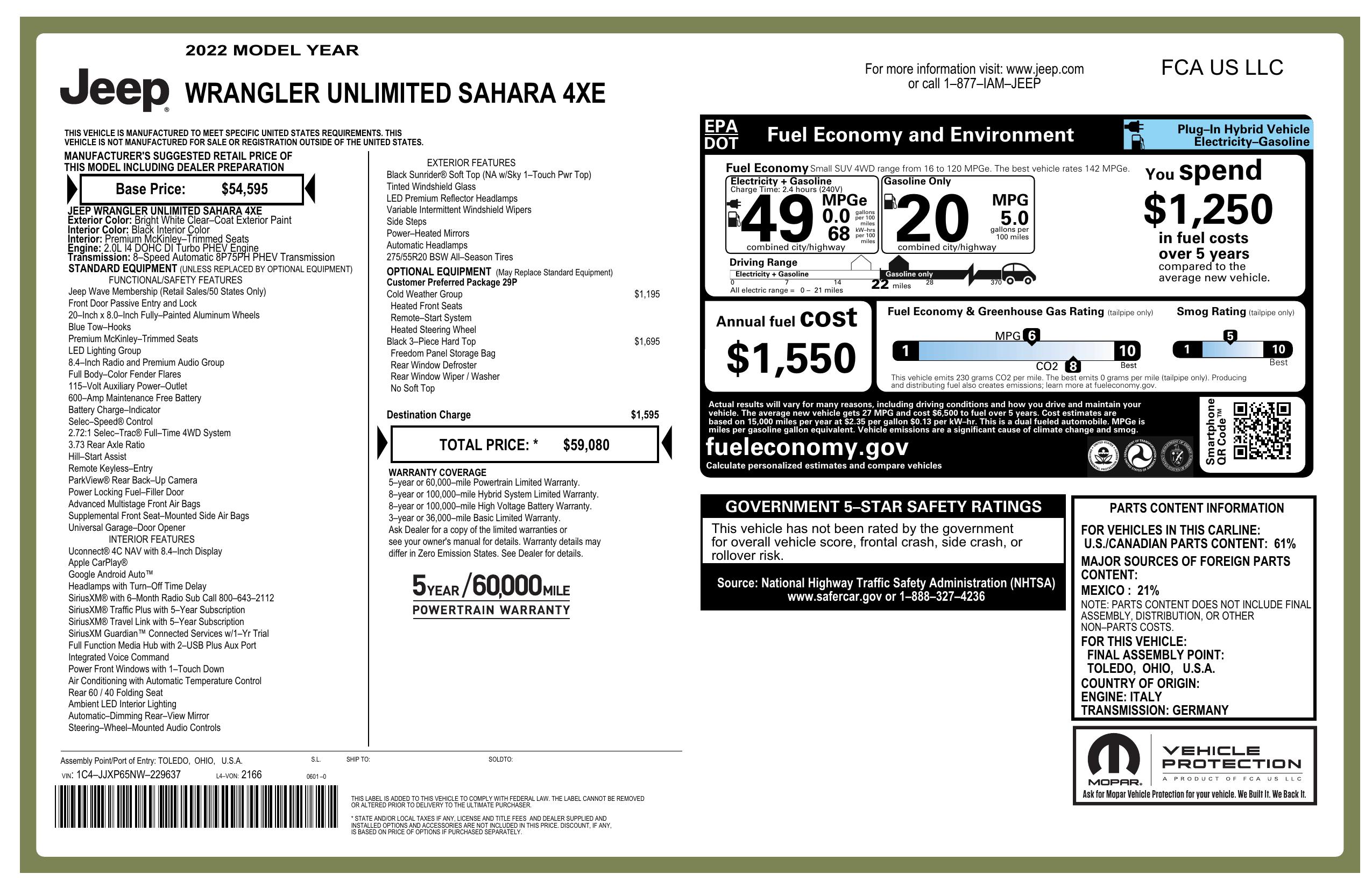 Window Sticker for 2022 Jeep Wrangler 4xe Unlimited Sahara 4x4