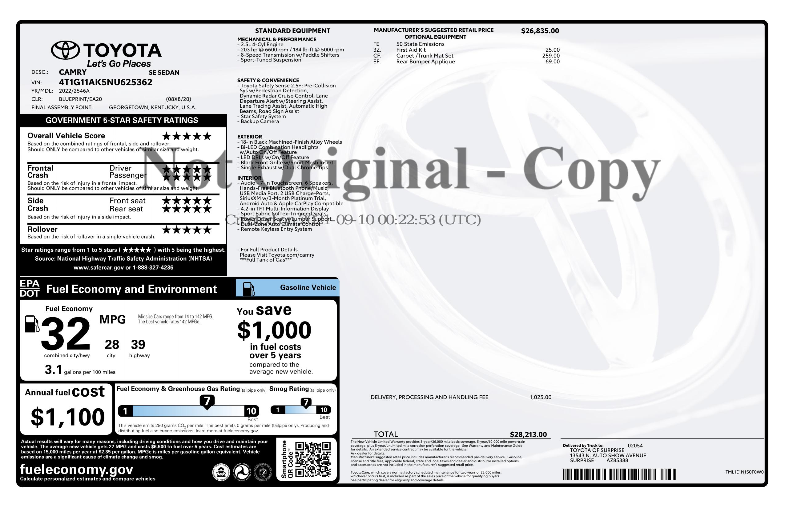 Window Sticker for 2022 Toyota Camry Se Auto (Natl)