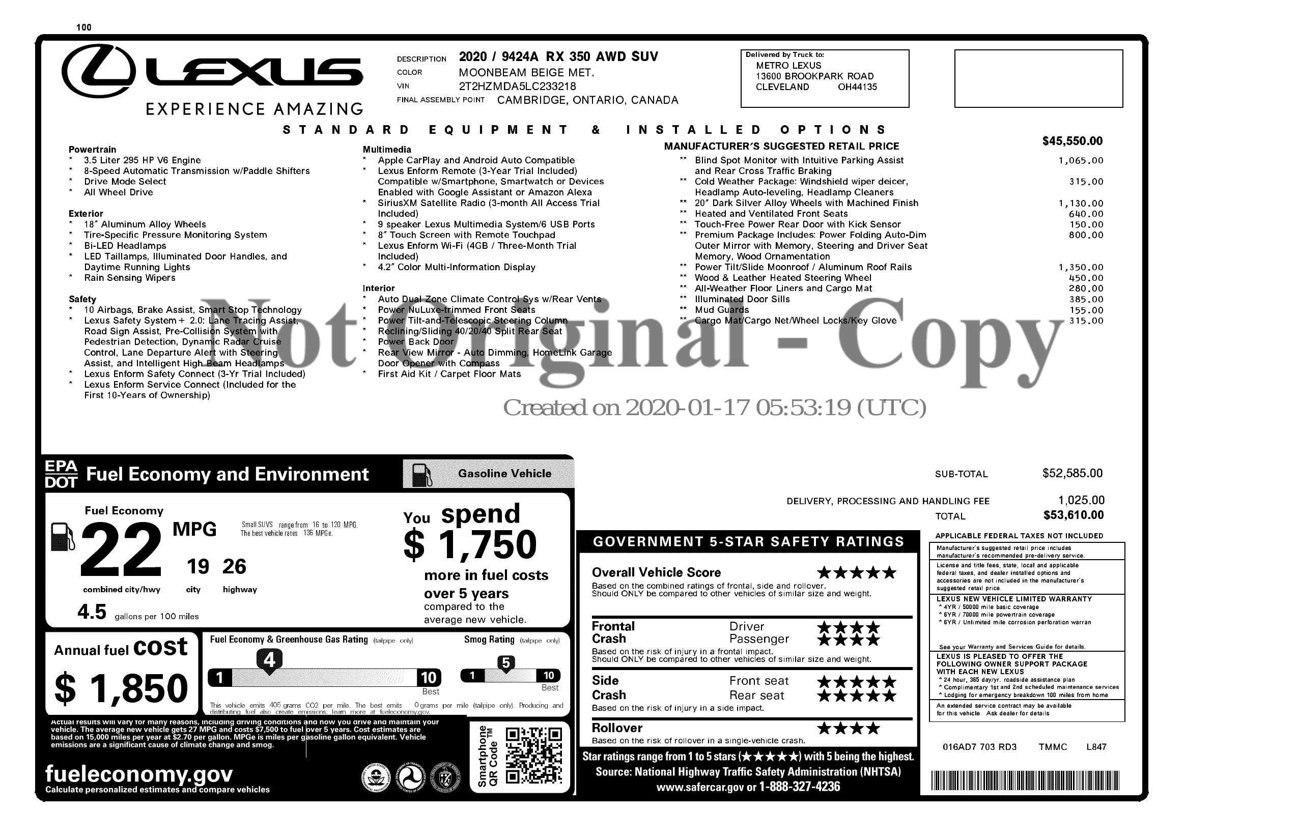 Window Sticker for 2020 Lexus Rx Rx 350 Awd