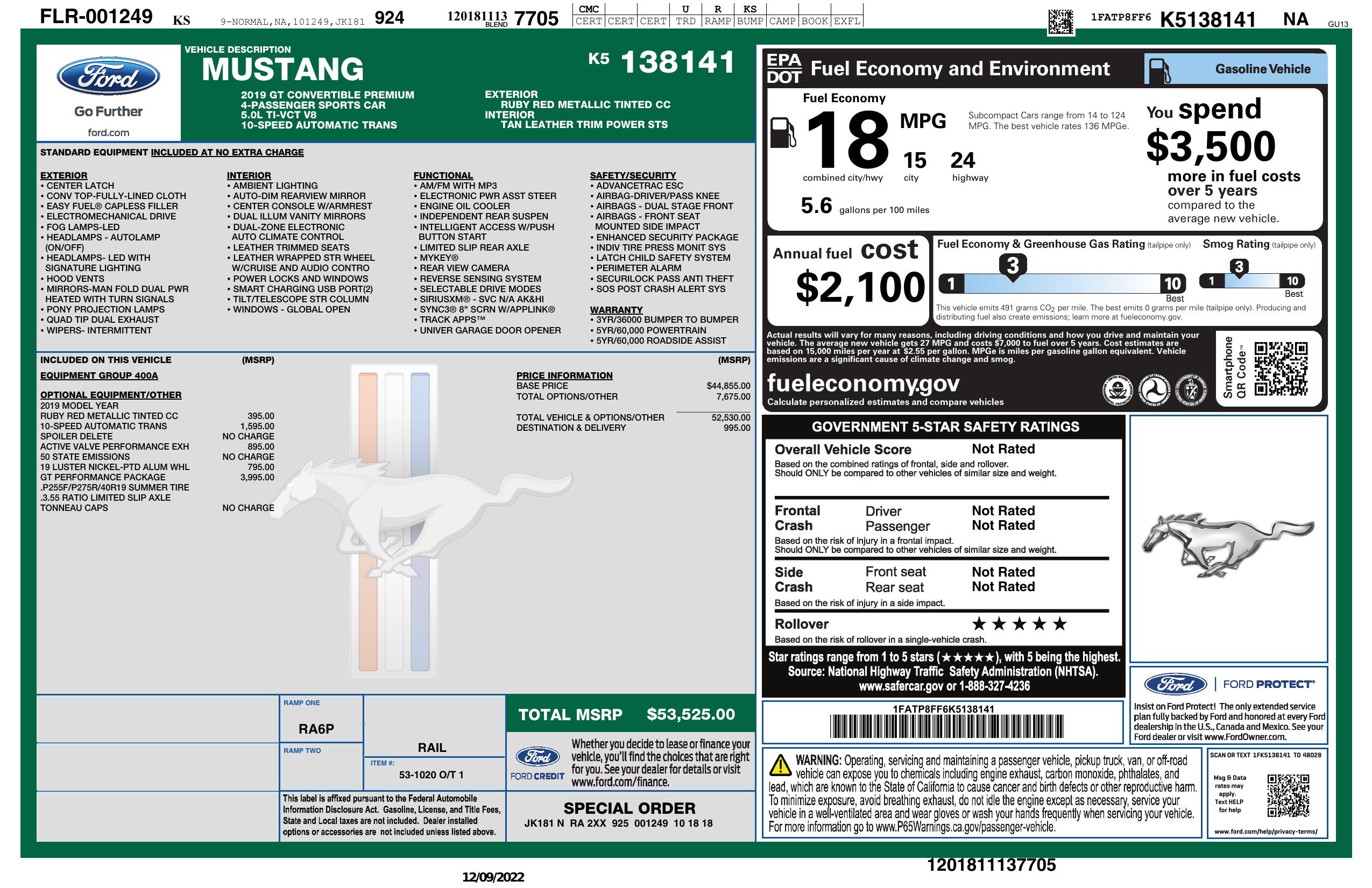 Window Sticker for 2019 Ford Mustang Gt Premium Convertible