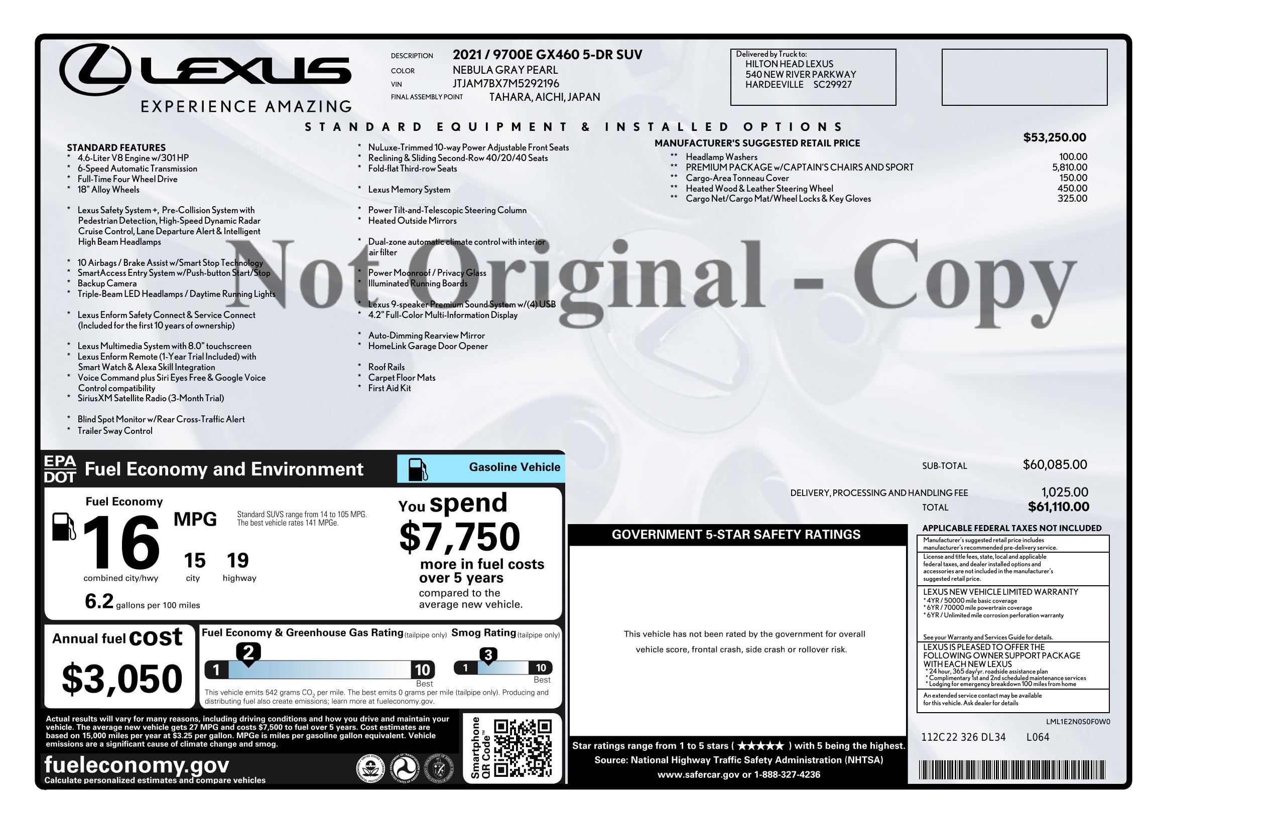 Window Sticker for 2021 Lexus Gx Gx 460 Premium 4 Wd