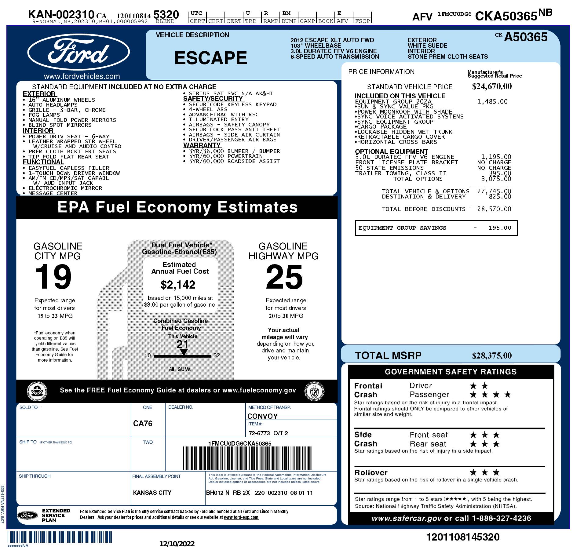 Window Sticker for 2012 Ford Escape Fwd 4dr Xlt