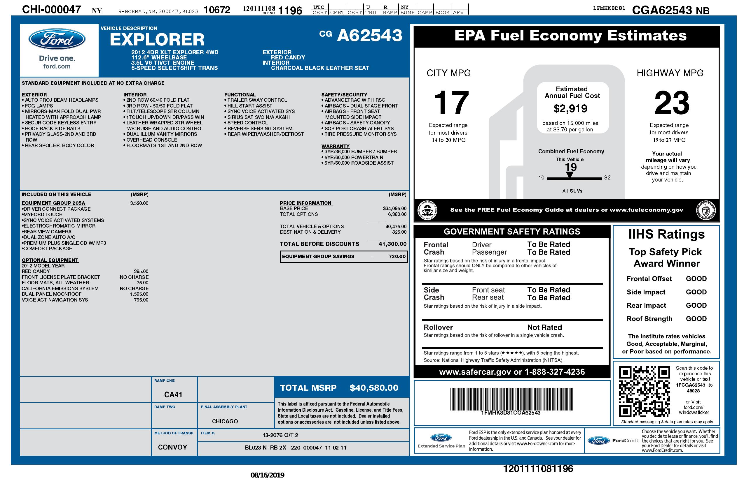 Window Sticker for 2012 Ford Explorer Xlt 4 Wd