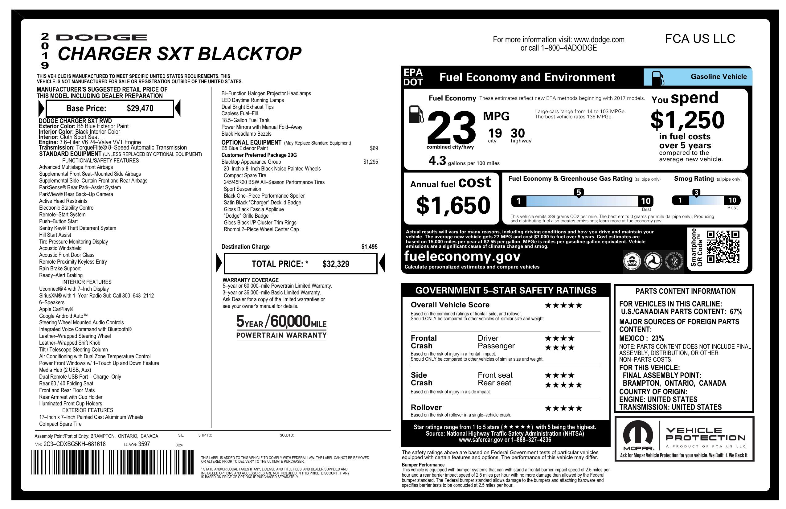 Window Sticker for 2019 Dodge Charger Sxt Rwd