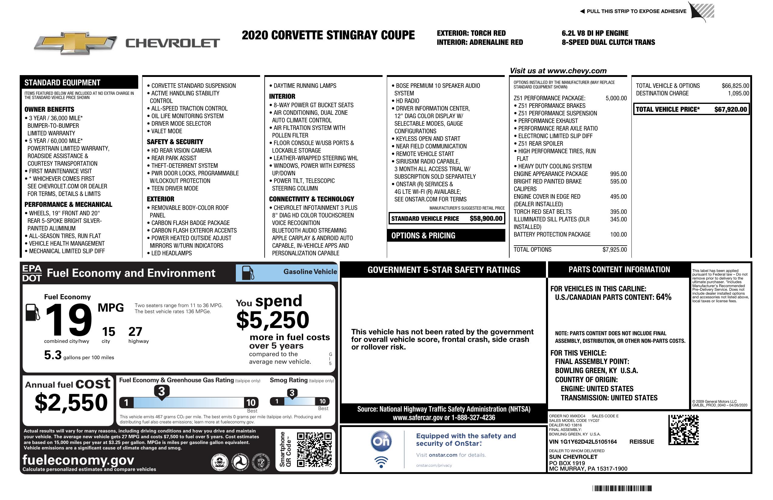 Window Sticker for 2020 Chevrolet Corvette 2dr Stingray Cpe W/1 Lt