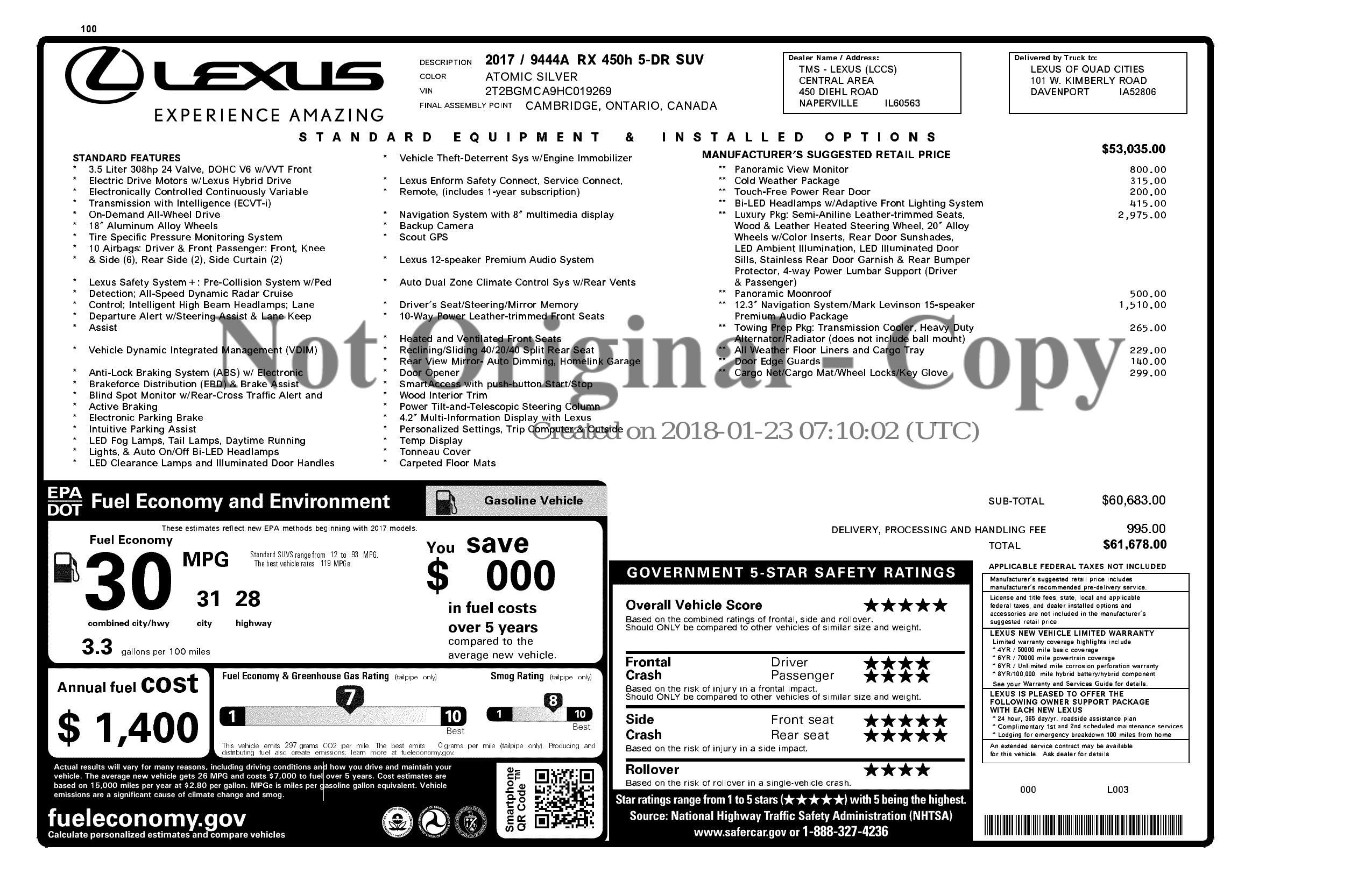 Window Sticker for 2017 Lexus Rx 450h Awd