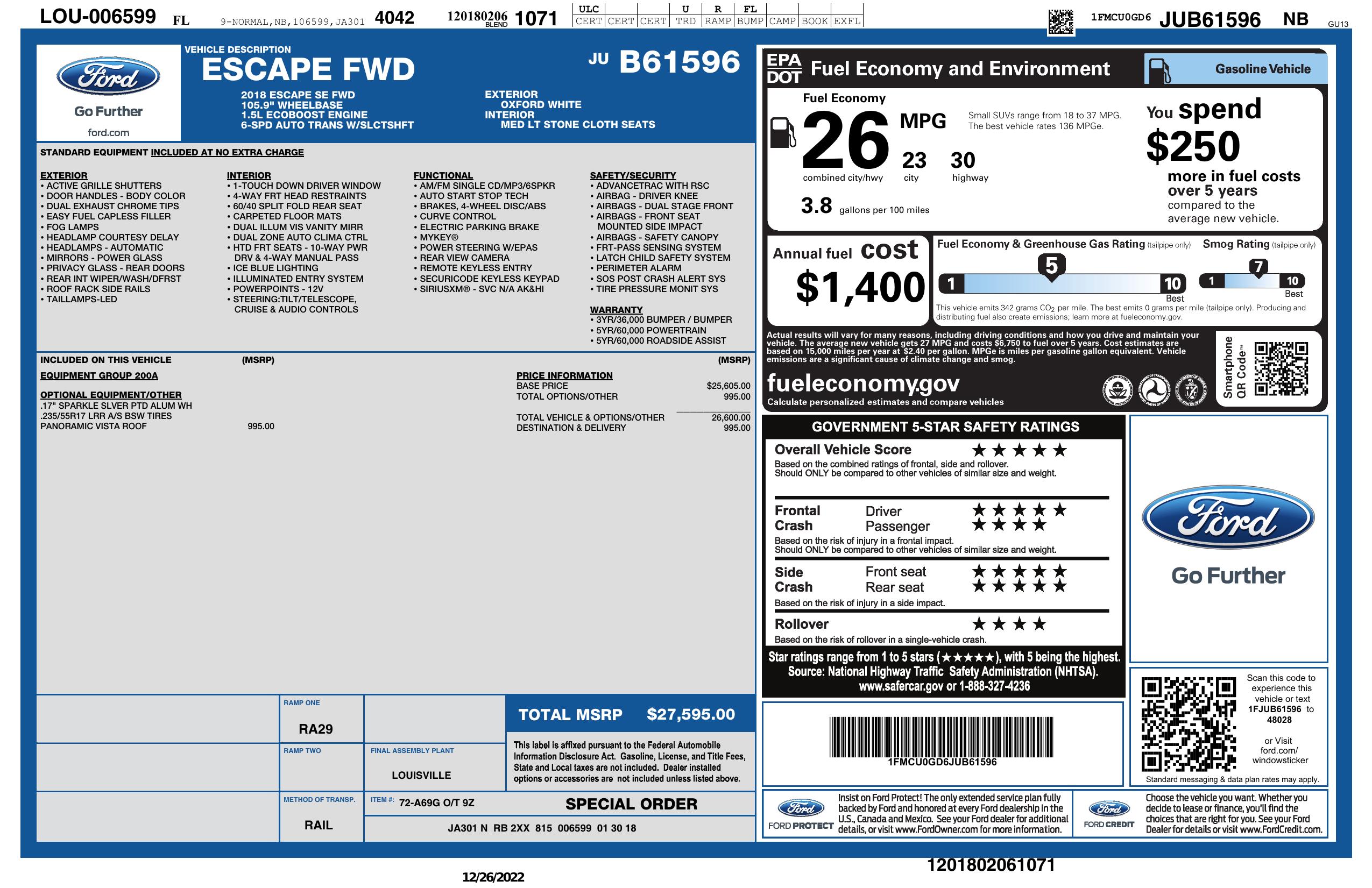 Window Sticker for 2018 Ford Escape Se Fwd