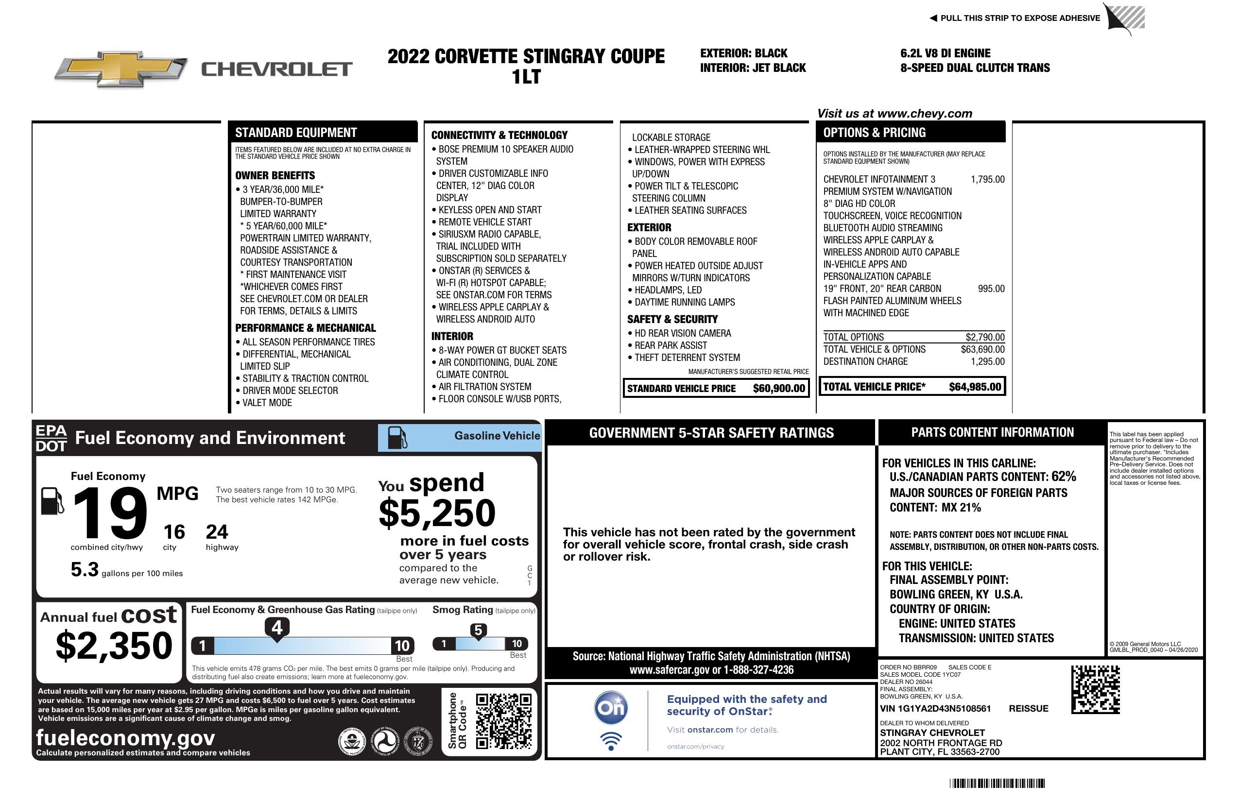 Window Sticker for 2022 Chevrolet Corvette 2dr Stingray Cpe W/1 Lt