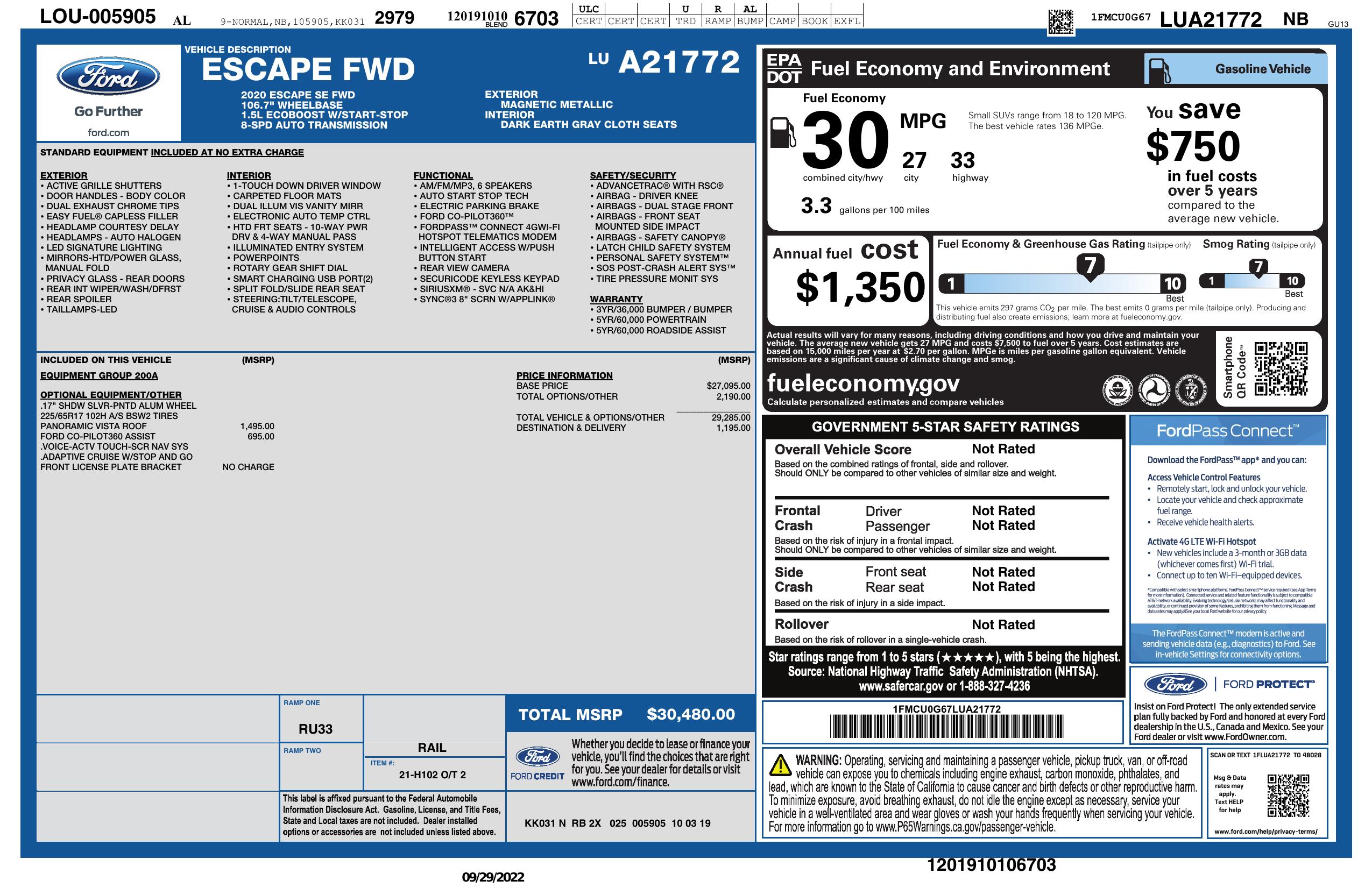 Window Sticker for 2020 Ford Escape Se Fwd