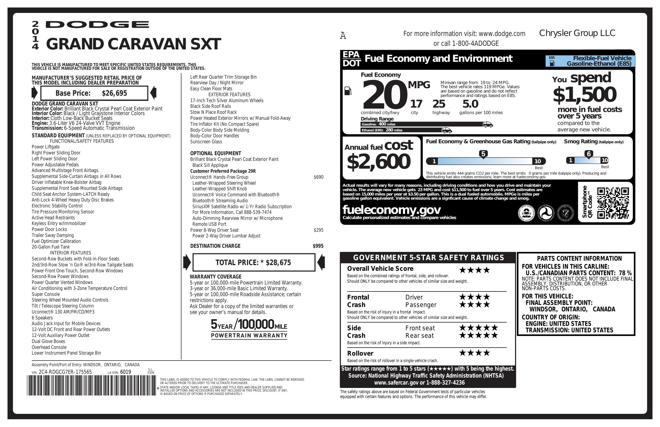 Window Sticker for 2014 Dodge Grand Caravan 4dr Wgn Sxt