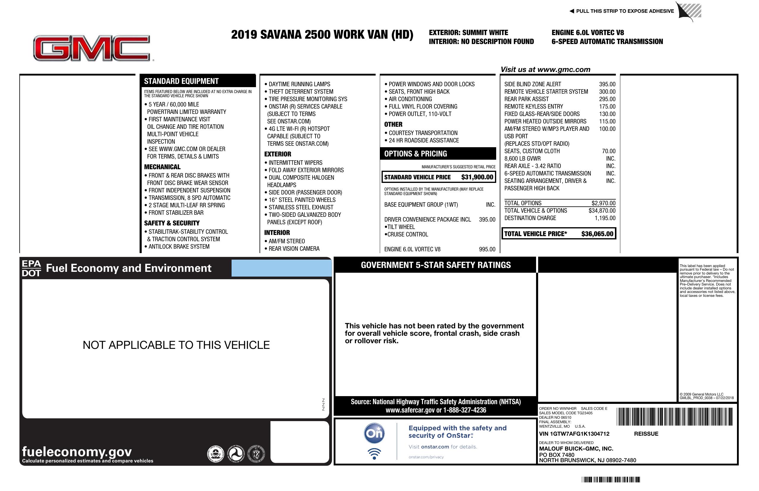 Window Sticker for 2019 GMC Savana Cargo Van Rwd 2500 135"