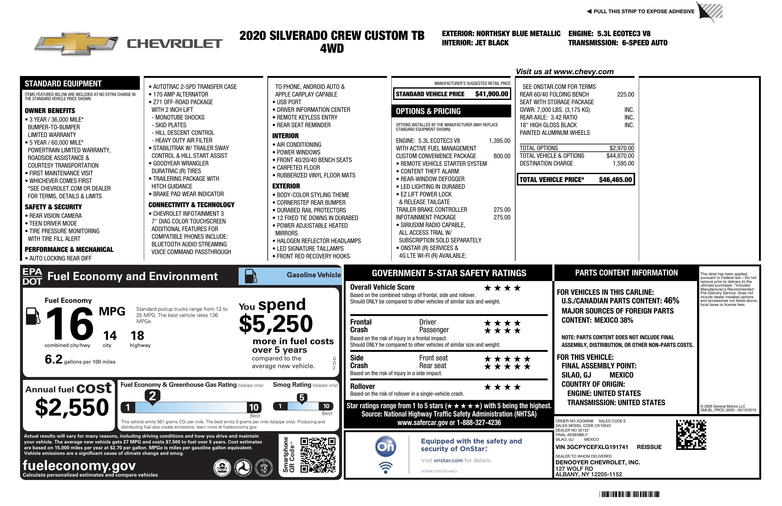 Window Sticker for 2020 Chevrolet Silverado 1500 Custom Trail Boss Crew ...