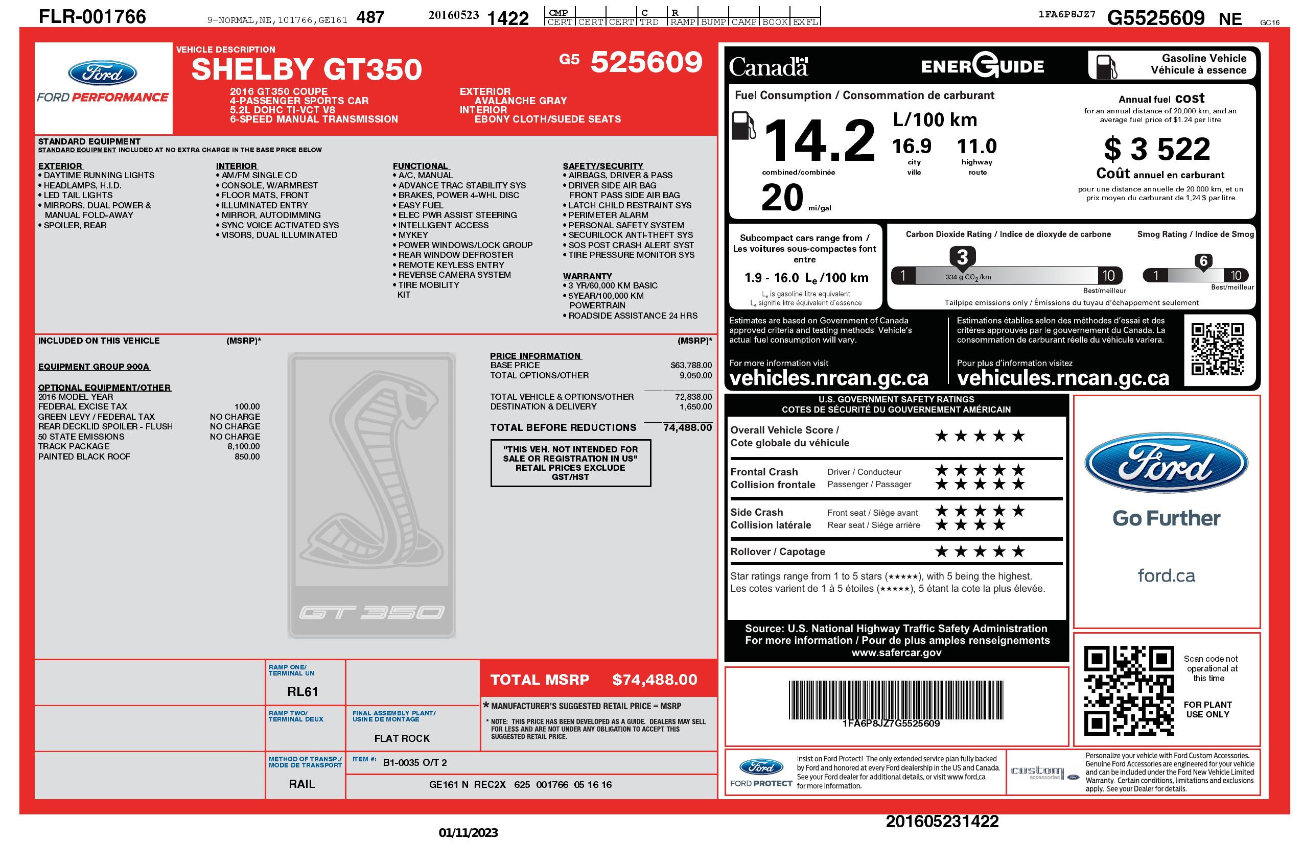 Window Sticker for 2016 Ford Mustang 2dr Fastback Shelby