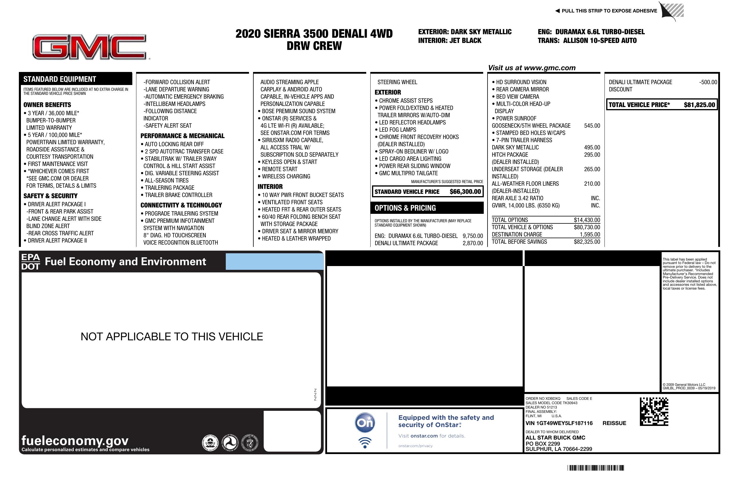 Window Sticker for 2020 GMC Sierra 3500 Hd 4 Wd Crew Cab 172" Denali