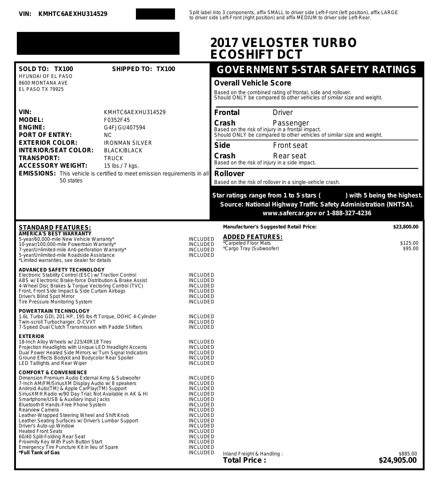 Window Sticker for 2017 Hyundai Veloster Turbo Dual Clutch