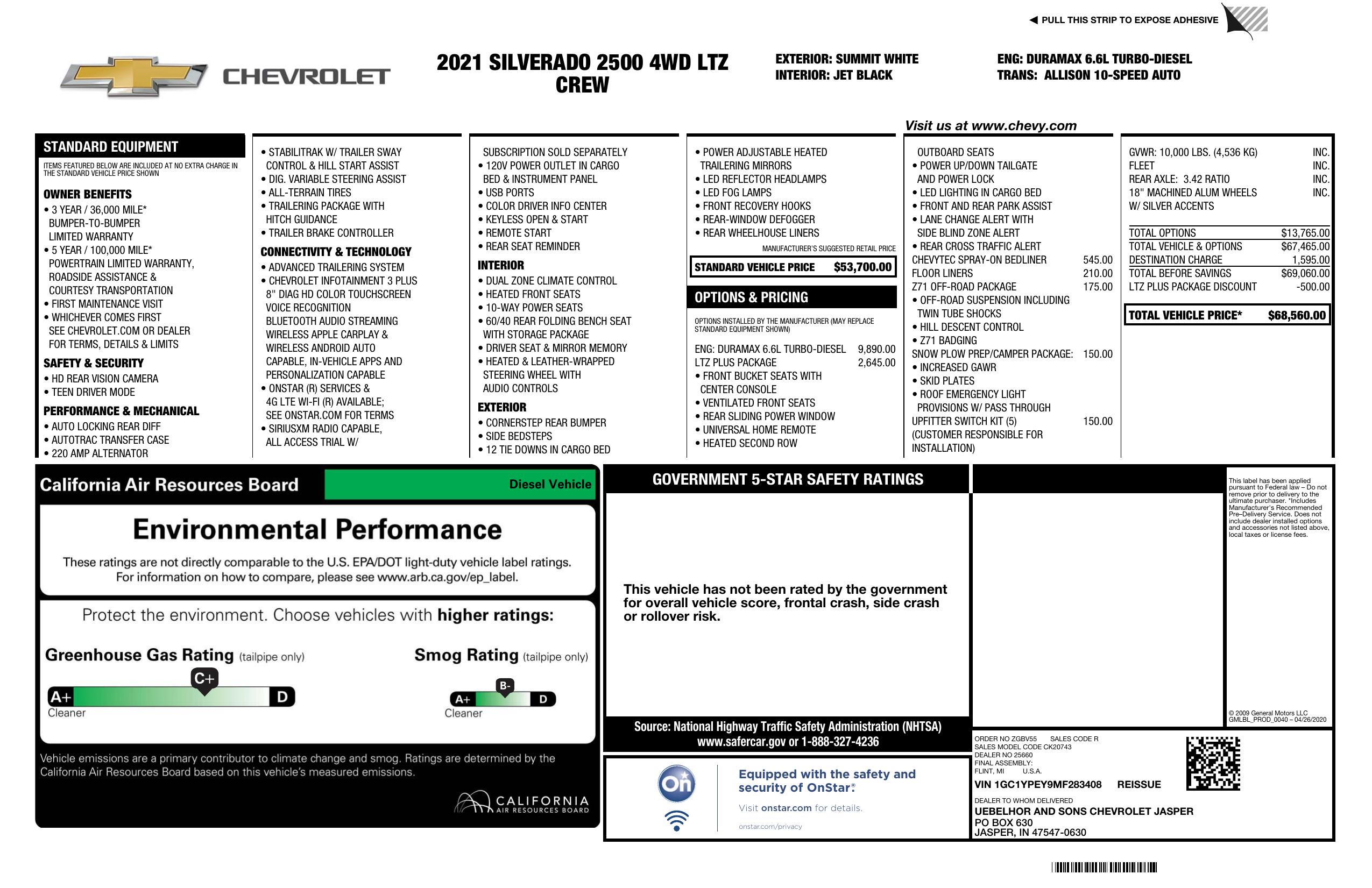 Window Sticker for 2021 Chevrolet Silverado 2500 Hd 4 Wd Crew Cab 159" Ltz