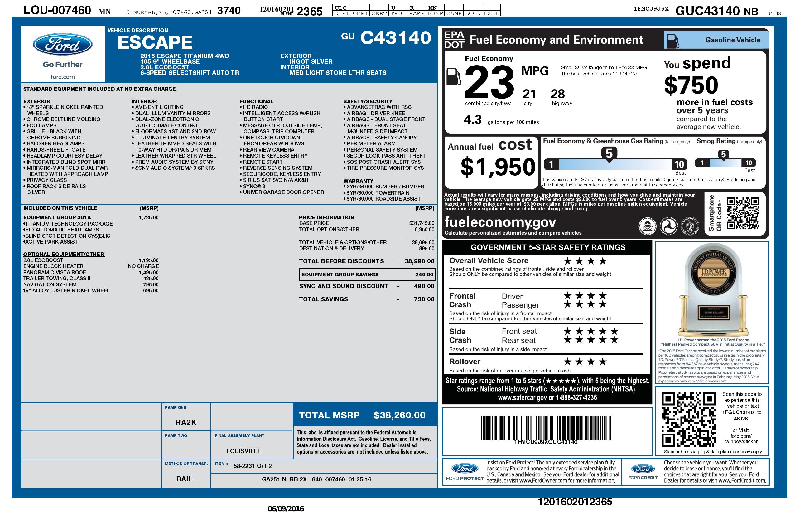 Window Sticker for 2016 Ford Escape 4 Wd 4dr Titanium