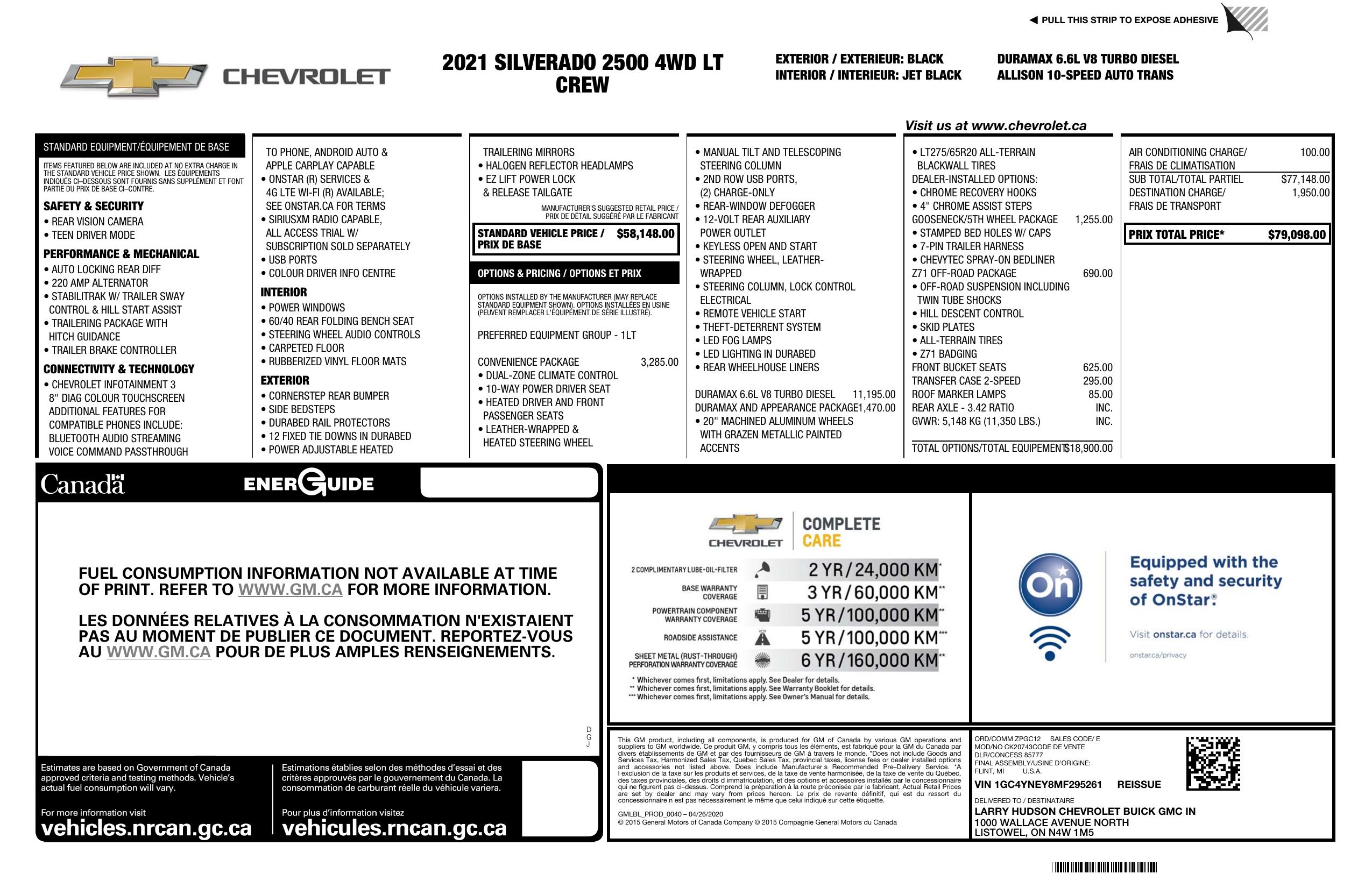 Window Sticker for 2021 Chevrolet Silverado 2500 Hd 4 Wd Crew Cab Lt