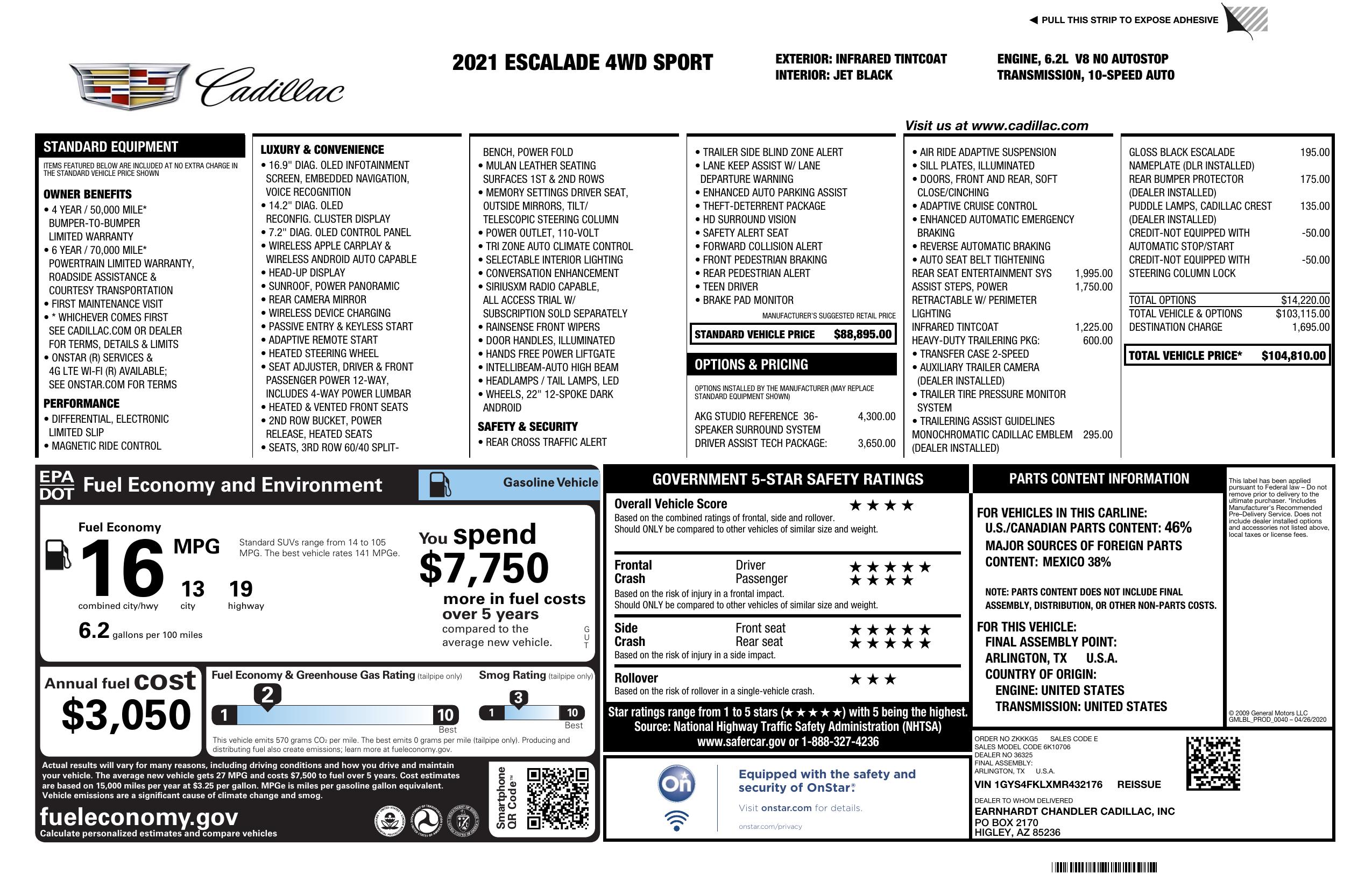Window Sticker for 2021 Cadillac Escalade 4 Wd 4dr Sport
