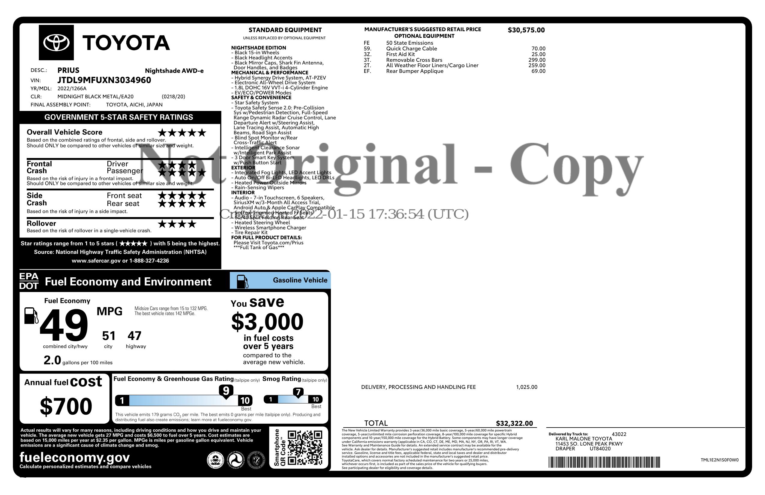 Window Sticker for 2022 Toyota Prius Nightshade Awd E (Natl)