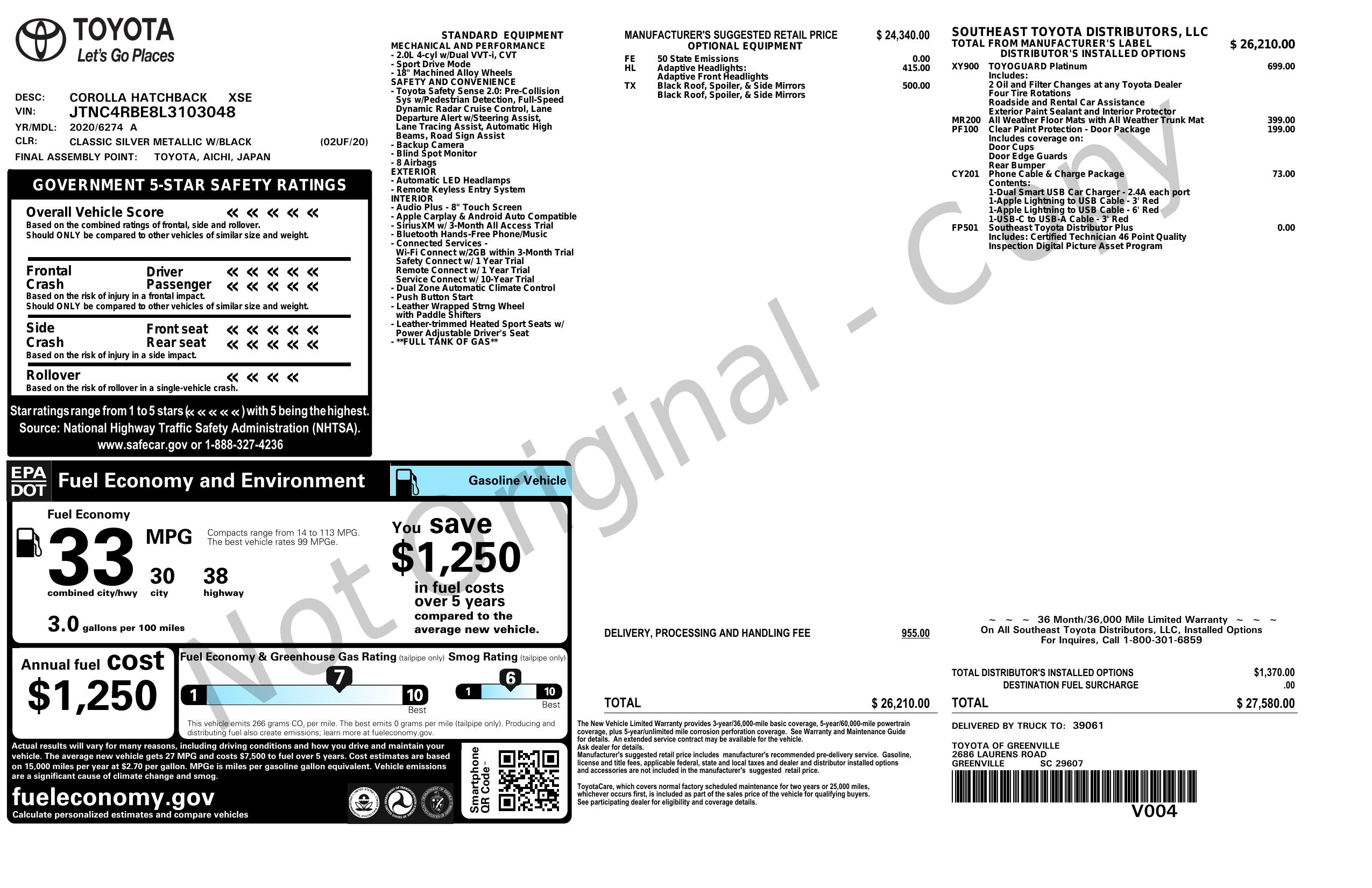 Window Sticker for 2020 Toyota Corolla Hatchback Xse Cvt (Natl)