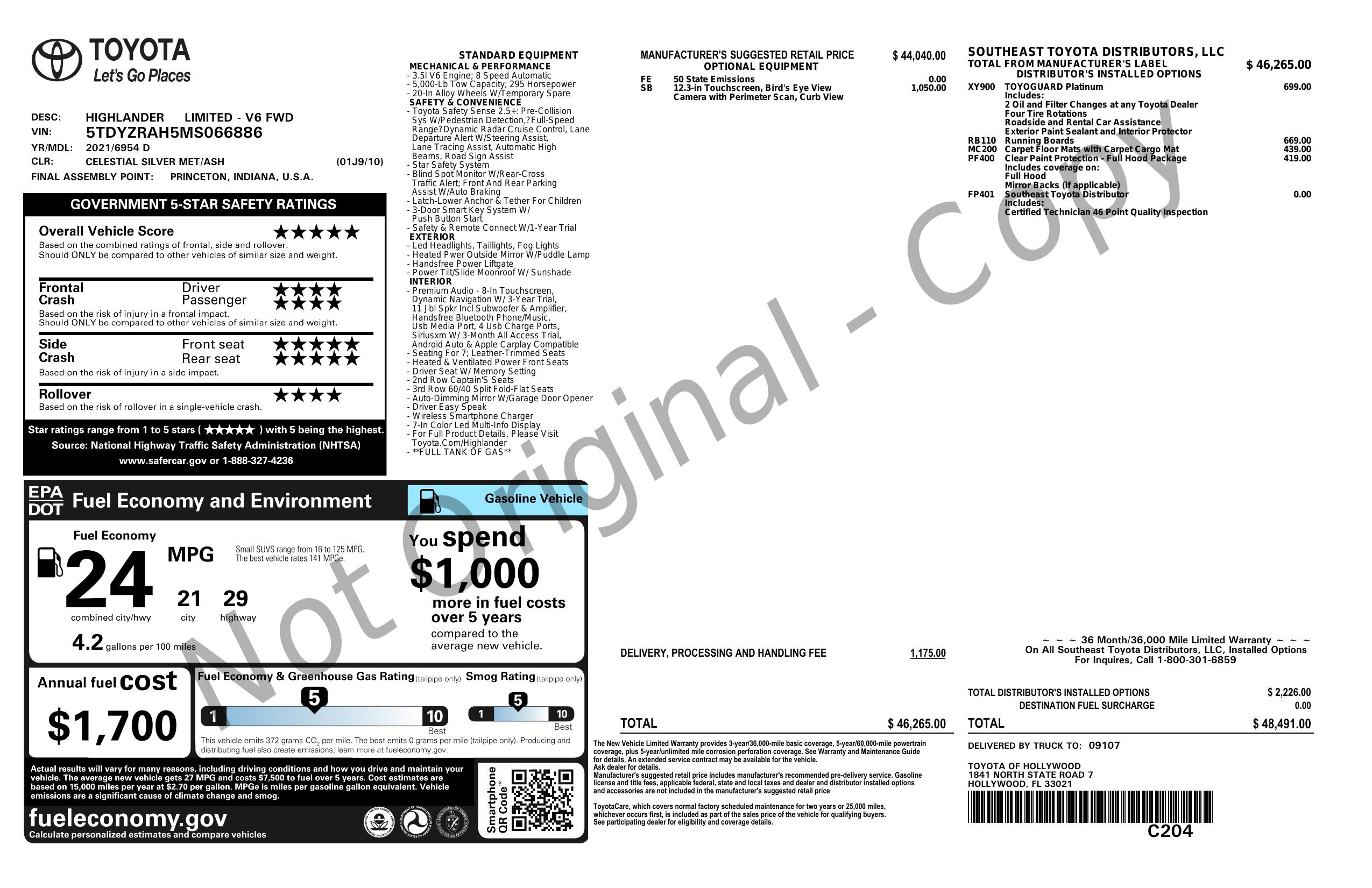 Window Sticker for 2021 Toyota Highlander Fwd (Natl)